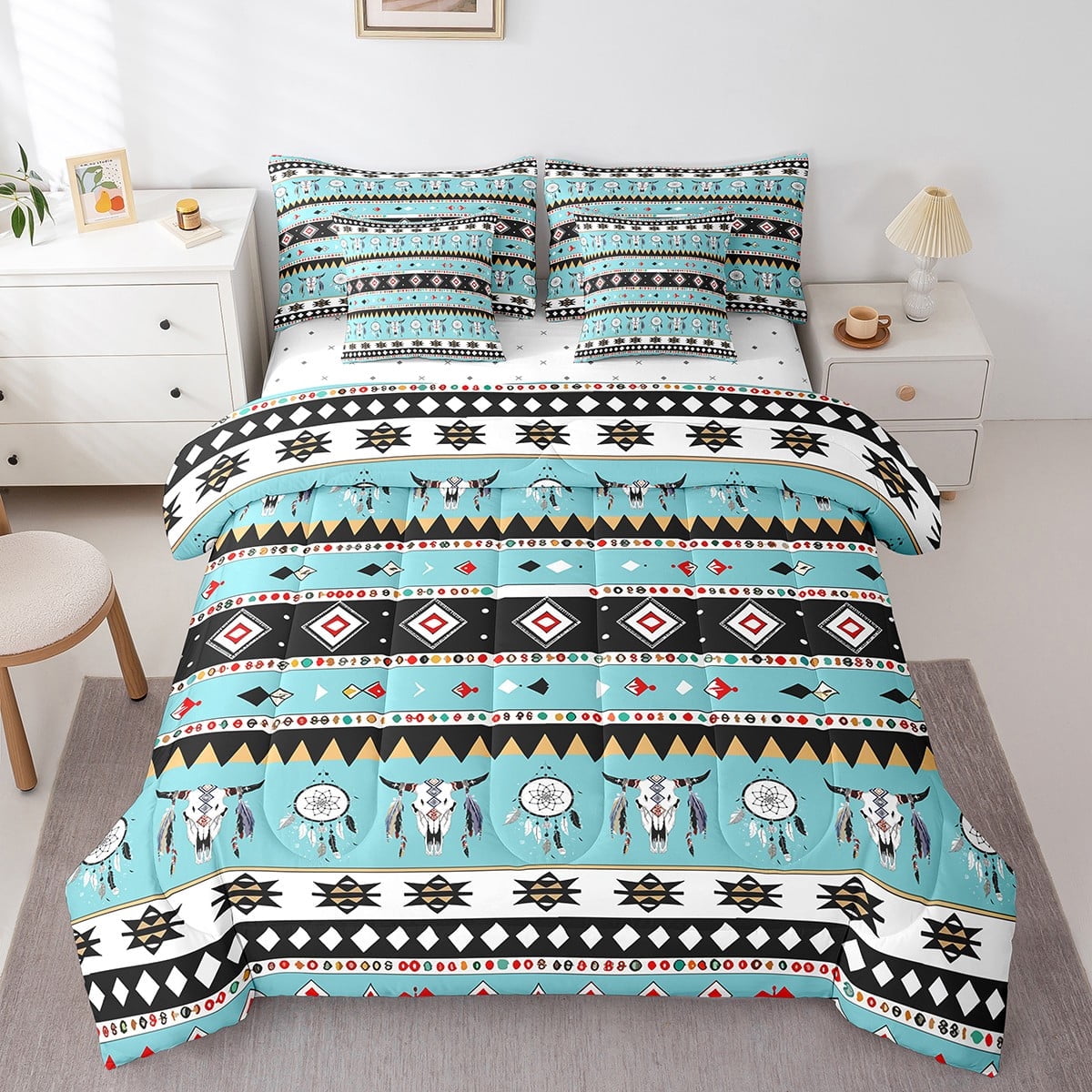 Longhorn Skull 7 Piece Comforter Set Full Bed in a Bag,Geometric Aztec ...