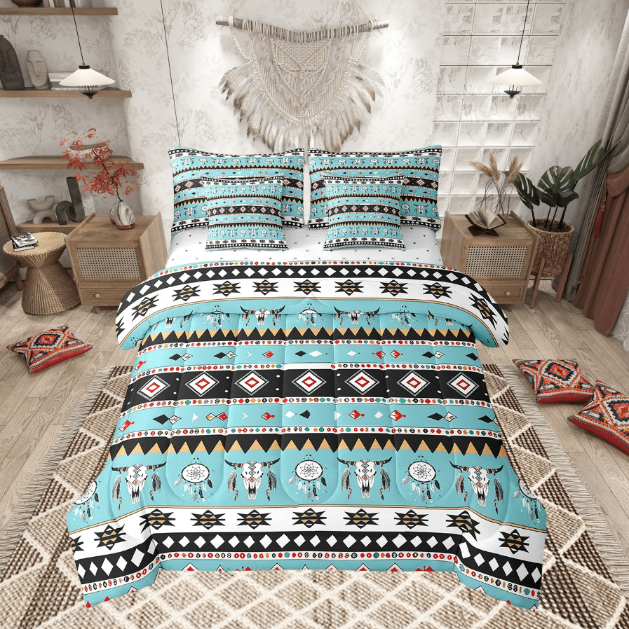 Longhorn Skull Bed in a Bag Queen Comforter Set 7 Piece,Geometric Aztec ...