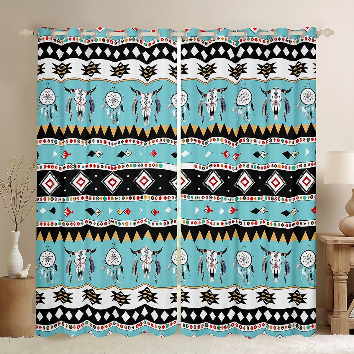 Longhorn Skull Blackout Geometric Aztec Curtains & Drapes 2 Panels 52 ...