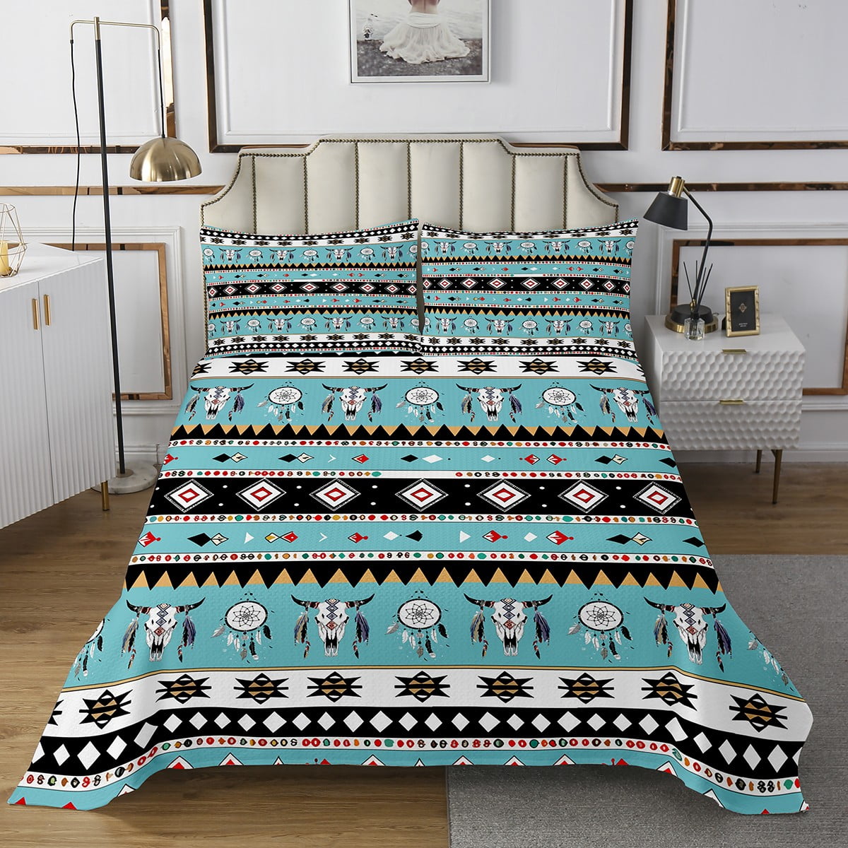 Longhorn Skull Quilt Set Geometric Aztec Bedspread Set Queen,Dream ...