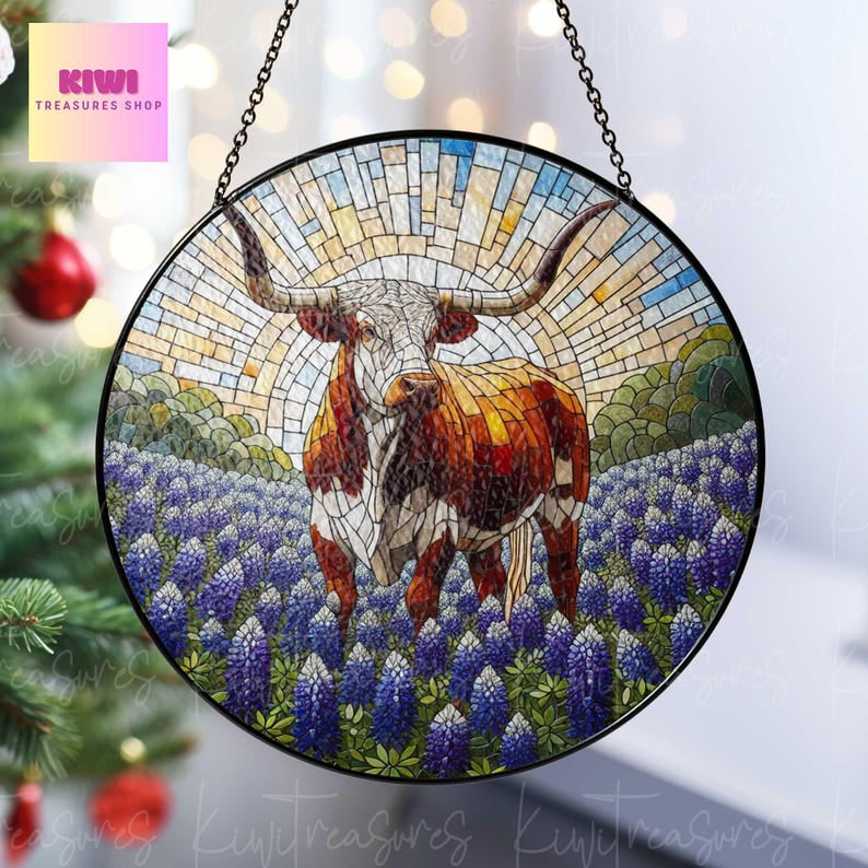 Longhorn and Bluebonnets GLASS Suncatcher Hanging, Texas Bluebonnet ...