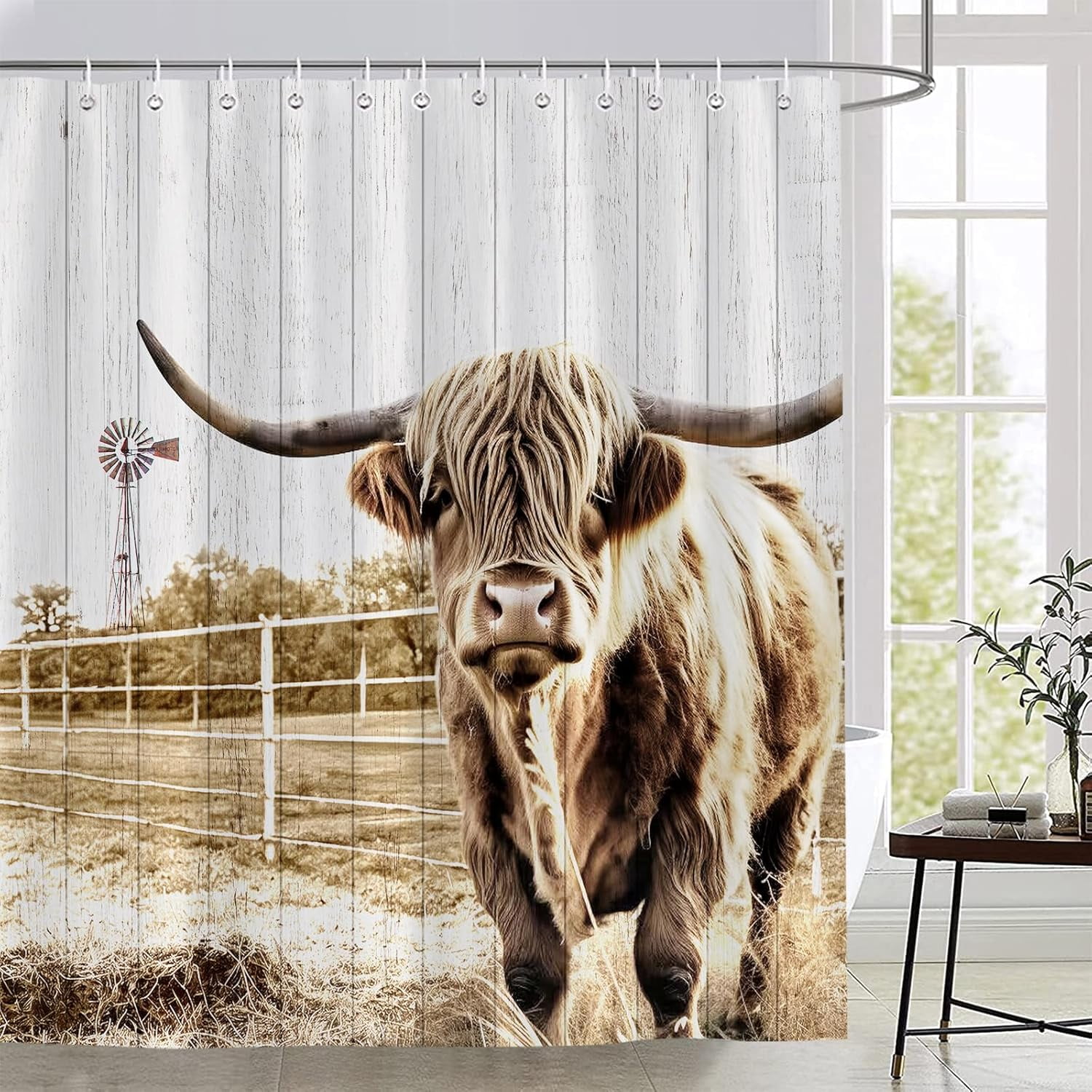 Longhorns Cow Shower Curtain Rustic Farmhouse Texas Cattle Wooden Fence ...