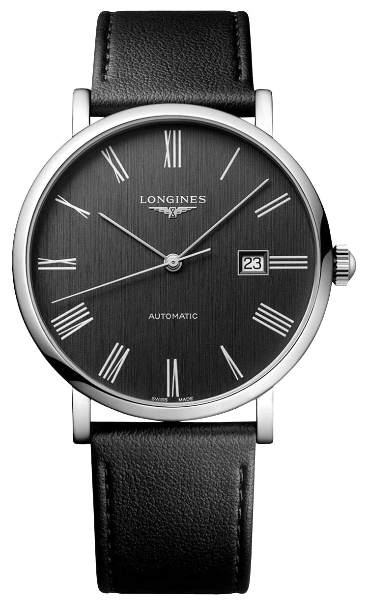 Longines Elegant Automatic Stainless Steel Dark Gray Dial Black Leather ...