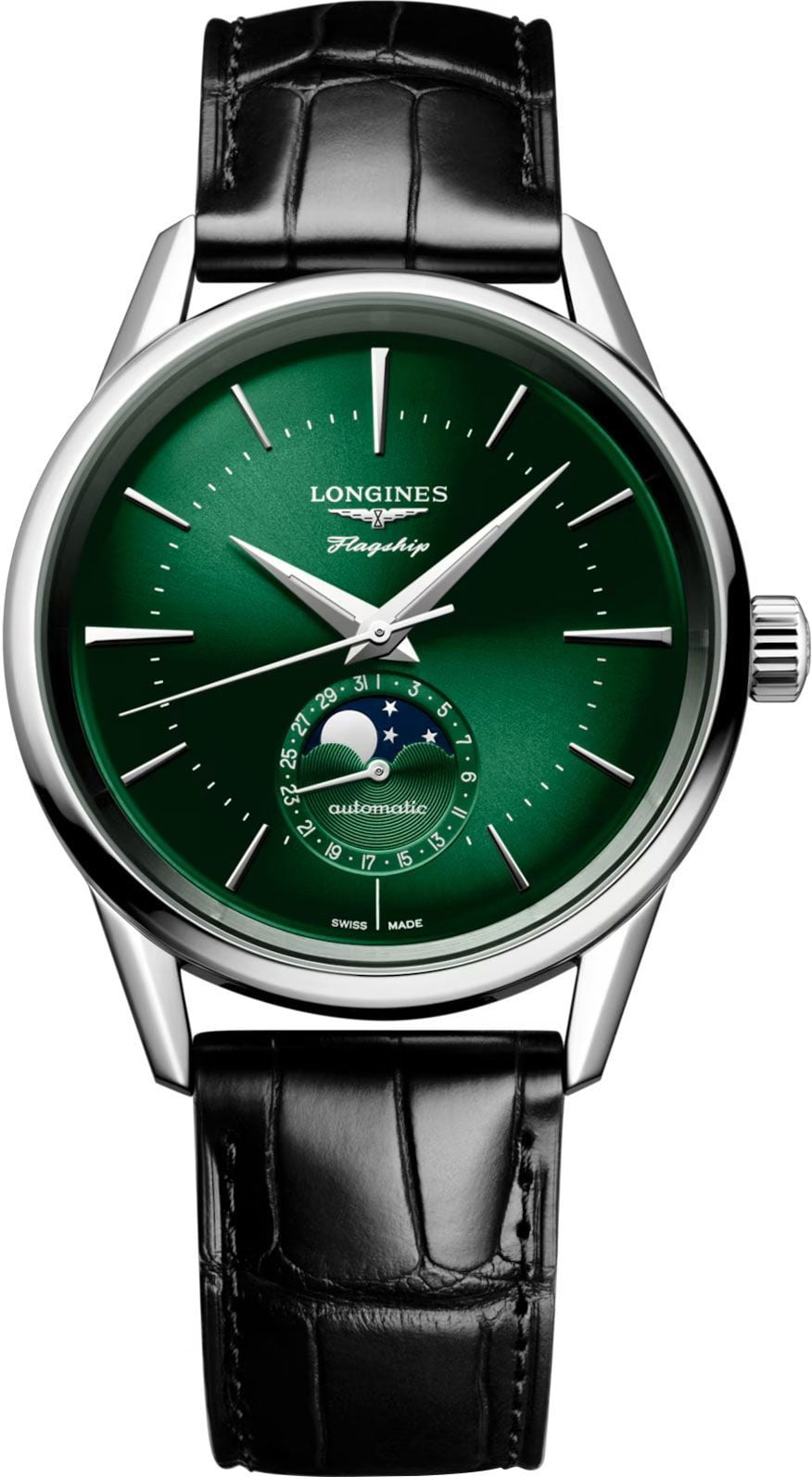 Longines Flagship Heritage Moonphase Automatic Green Dial Leather Strap ...