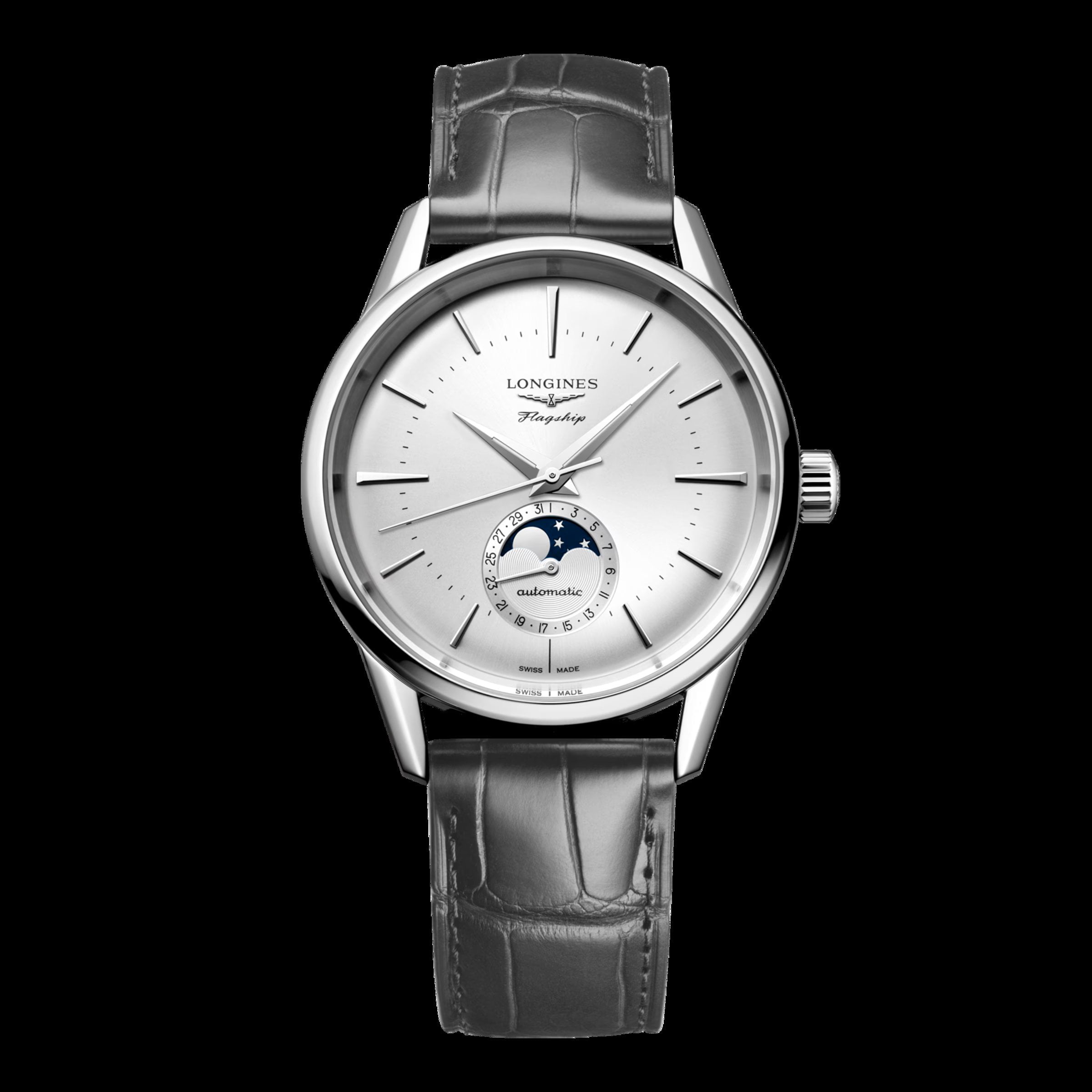 Longines Flagship Heritage Moonphase Automatic Silver Dial Grey Leather Strap Men's Watch L4.815 ...