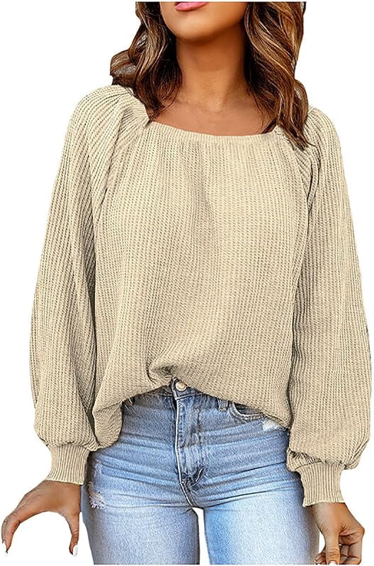 Womens puff long sleeve sweaters tops loose soft crew neck pullover ...