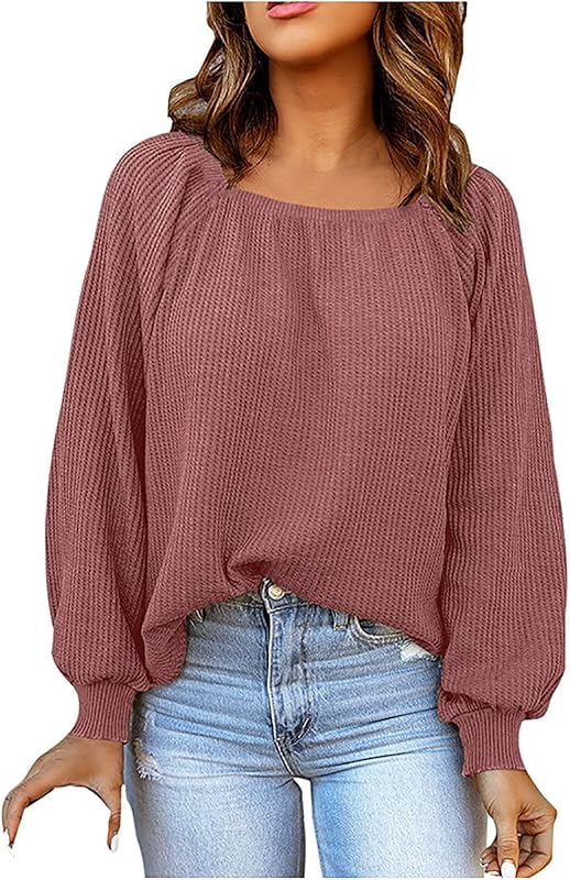 Womens puff long sleeve sweaters tops loose soft crew neck pullover ...