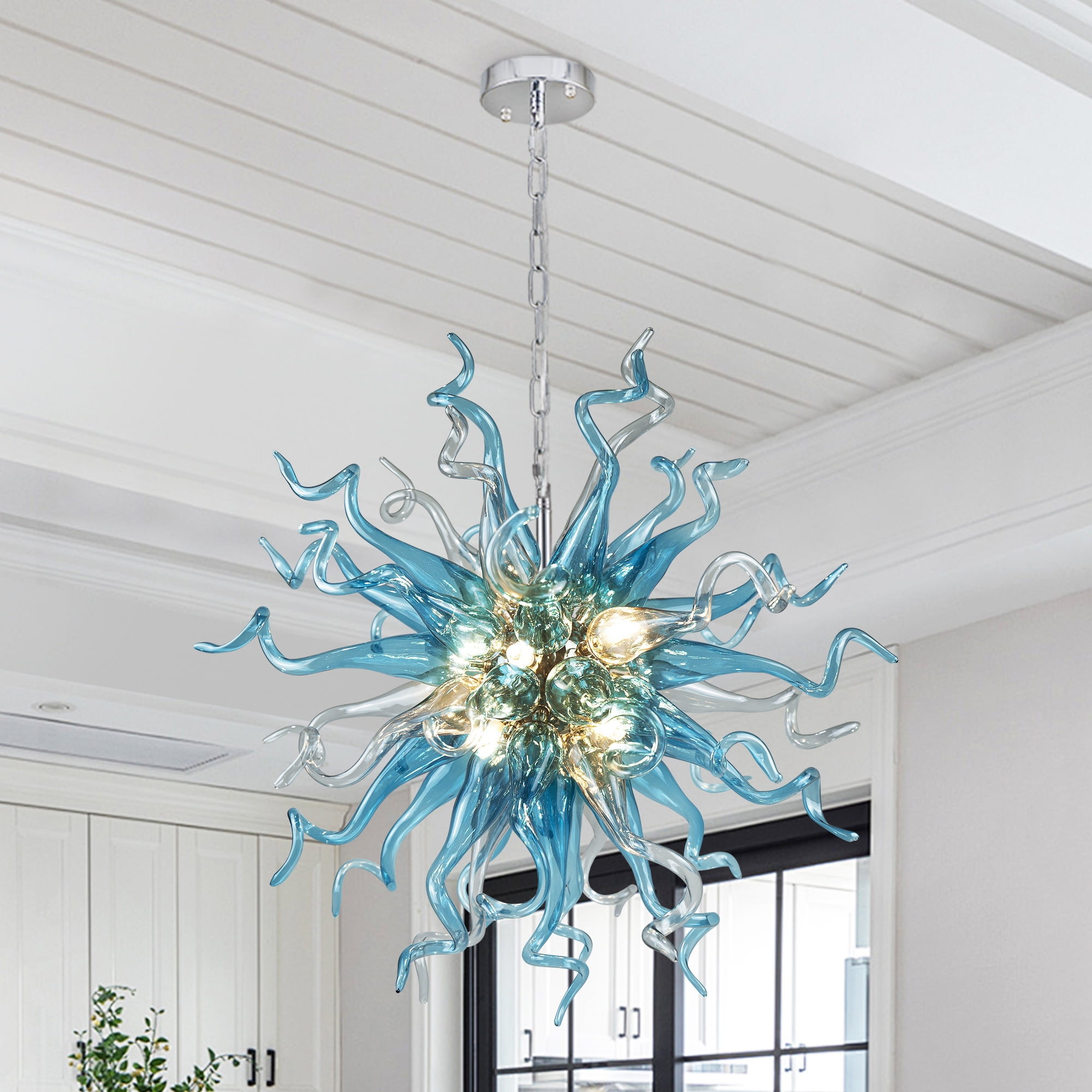 Longree Modern Adjustable Height 6-Light LED Chandelier, Blue Blown ...