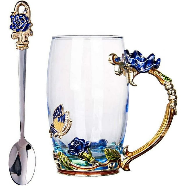 Longwin Enamel Glass Mug Butterfly Flower Lead-Free Drinking Tea Cup ...