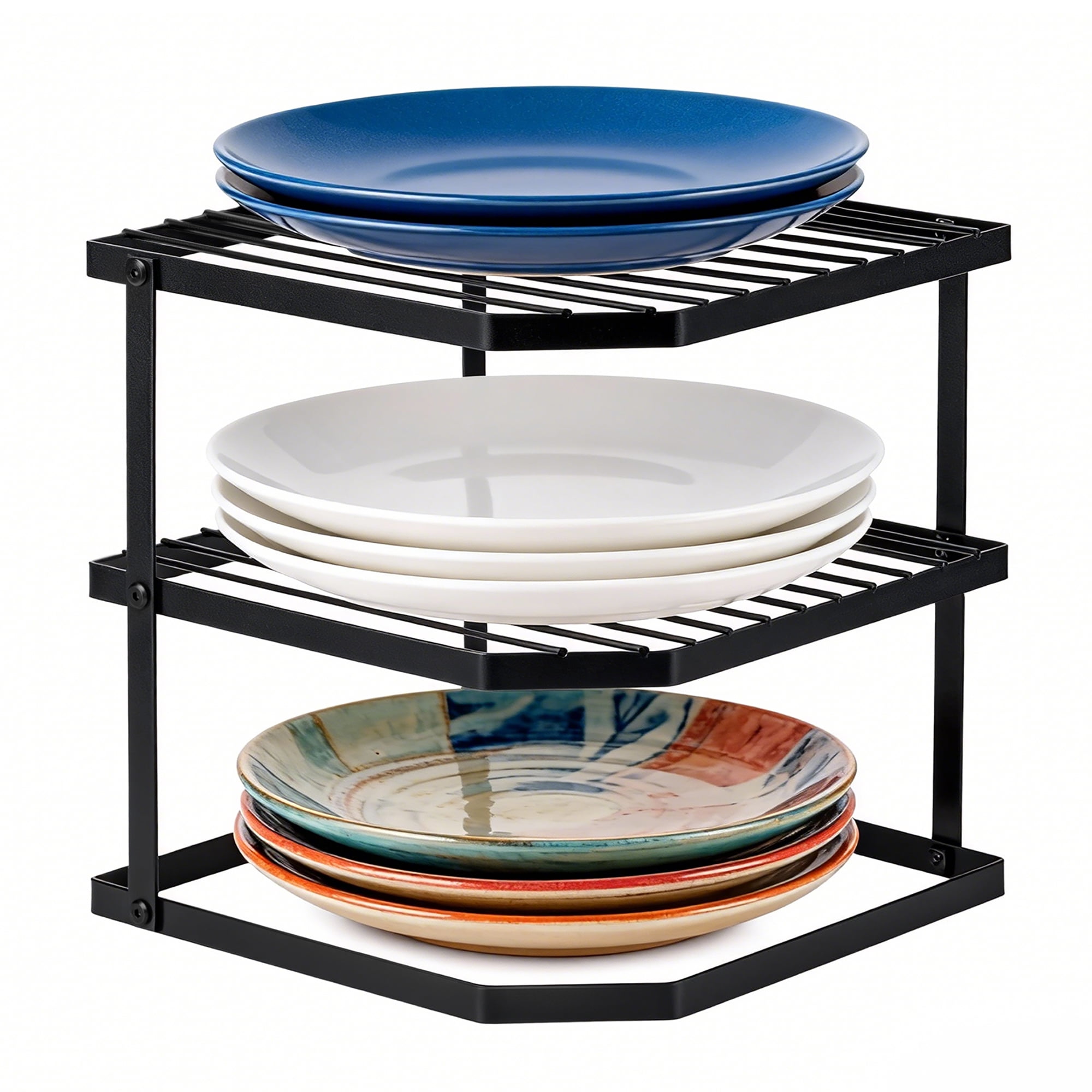 Lonian 3-Tier Corner Shelf Rack, Plate Organizer for Kitchen Cabinet ...