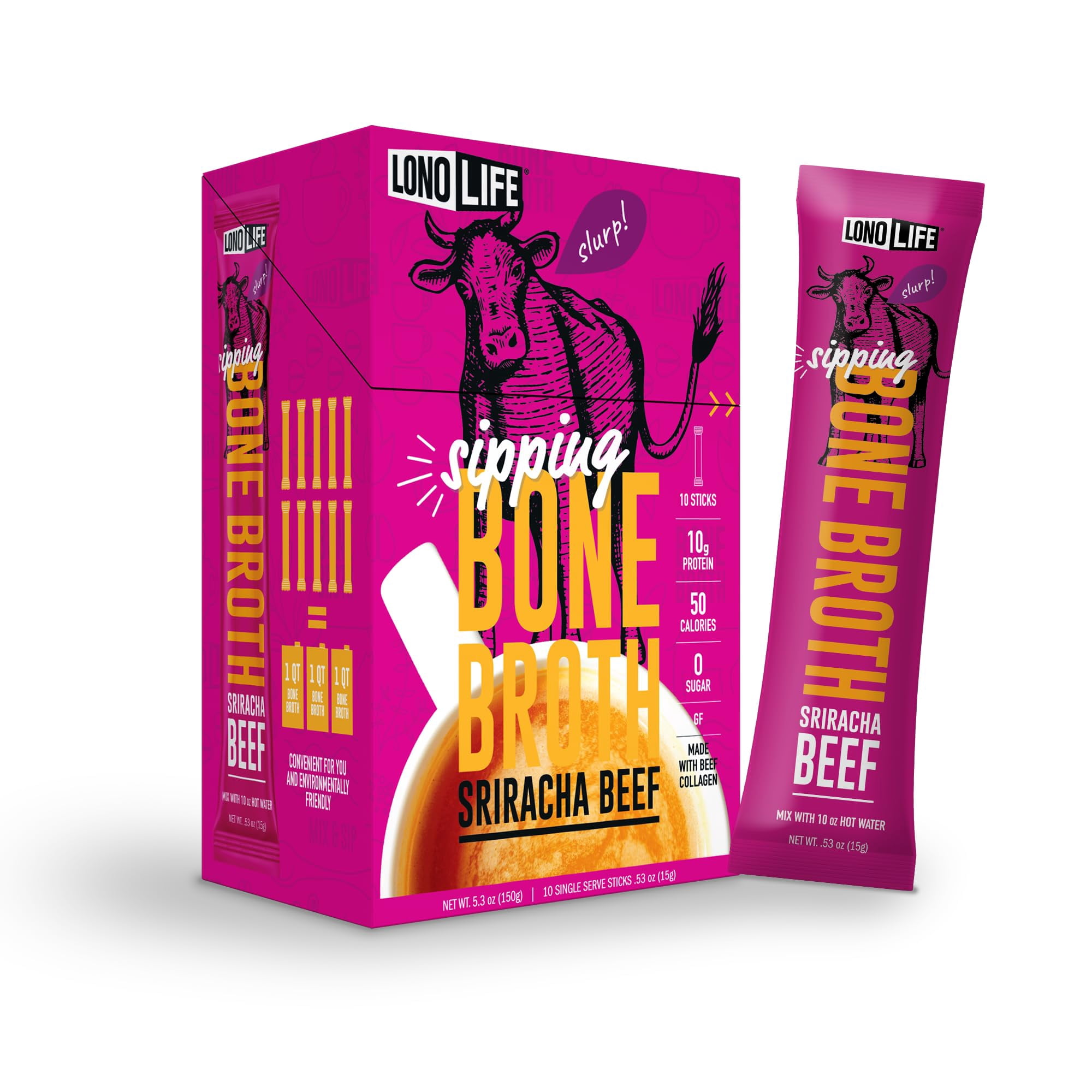 LonoLife Sriracha Beef Bone Broth Powder Mix | Grass-Fed, 10g Protein ...