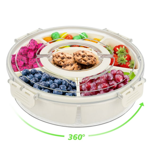 Loobuu Divided Rotating Serving Tray with Lid and Handle, Portable ...