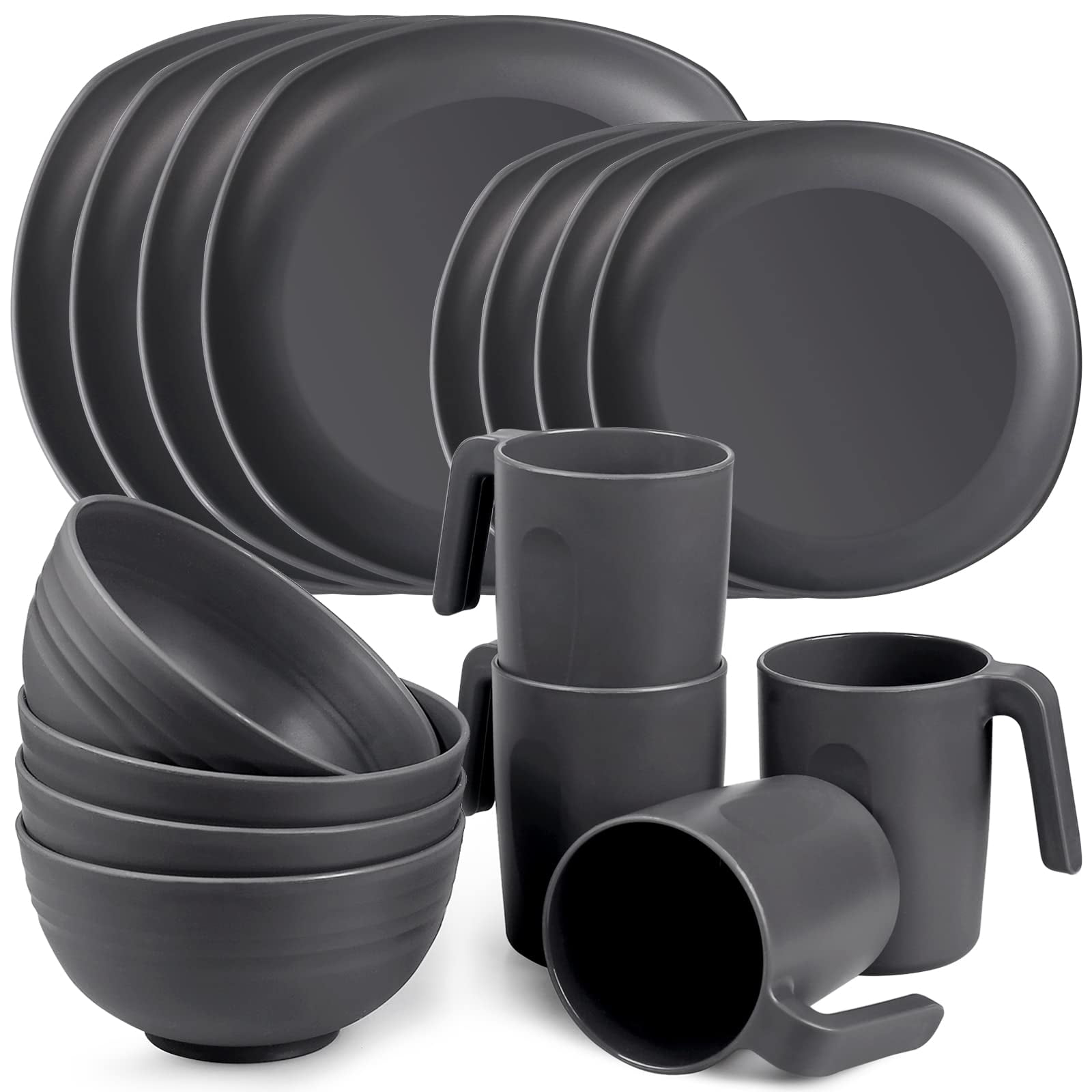 Loobuu 16-Piece Grey Plastic Dinnerware Set, Unbreakable, Reusable ...