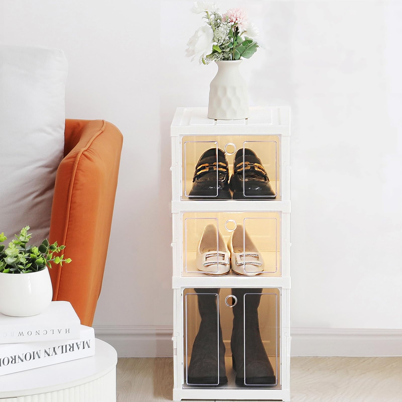 Loobuu Shoe Boxes 3 Pack Shoe Organizer,Stackable Folding Shoe Box for ...