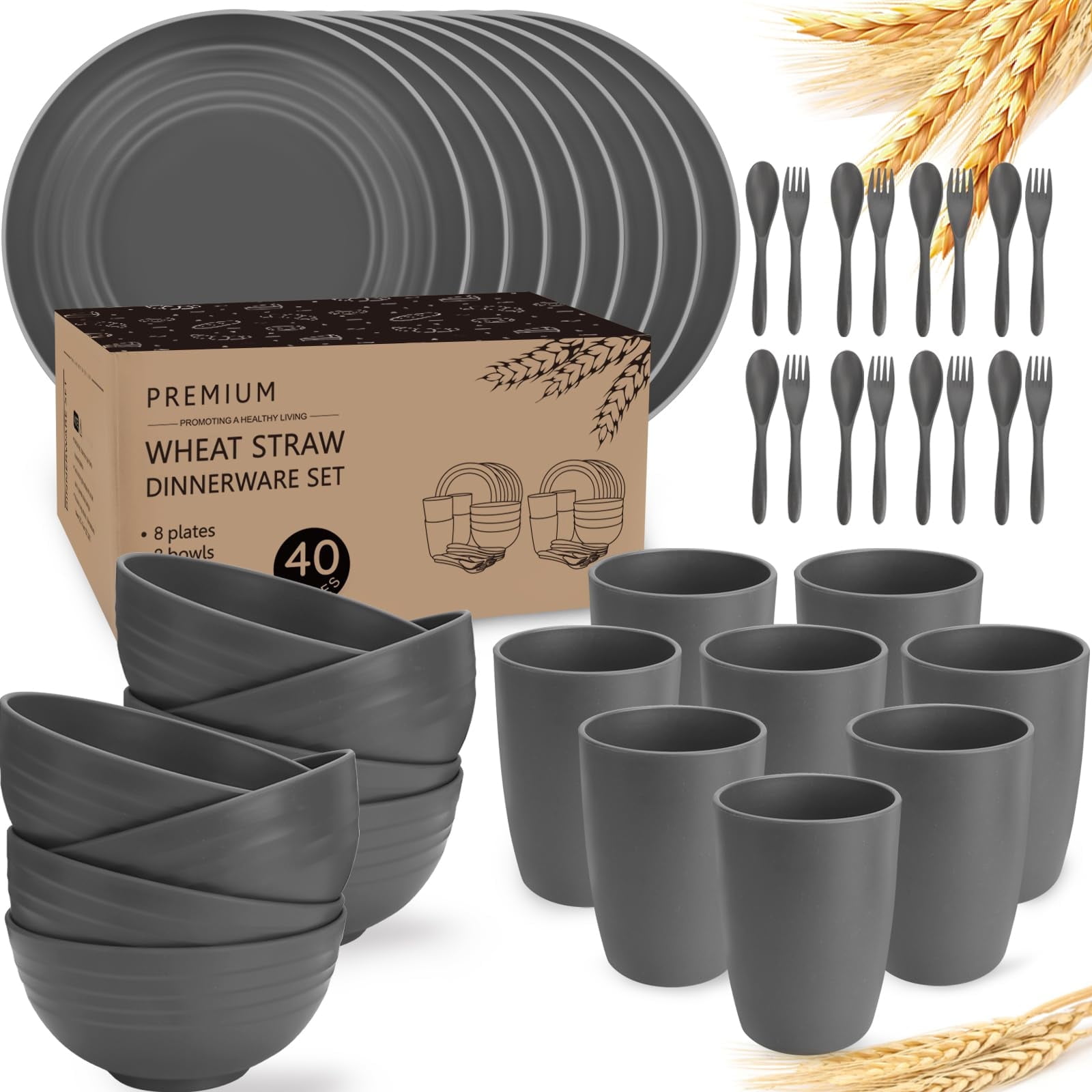 Loobuu Wheat Straw Dinnerware Sets for 8, 40 PCS Microwave Unbreakable ...