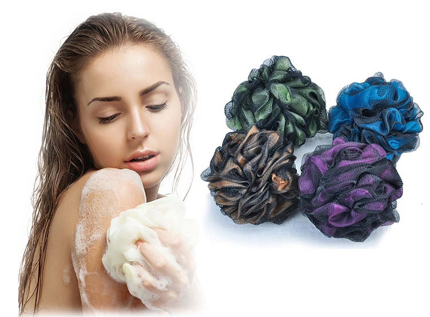 Loofah Bath and Shower Sponge 4-Pack, Large Mesh Pouf Exfoliating Bath ...