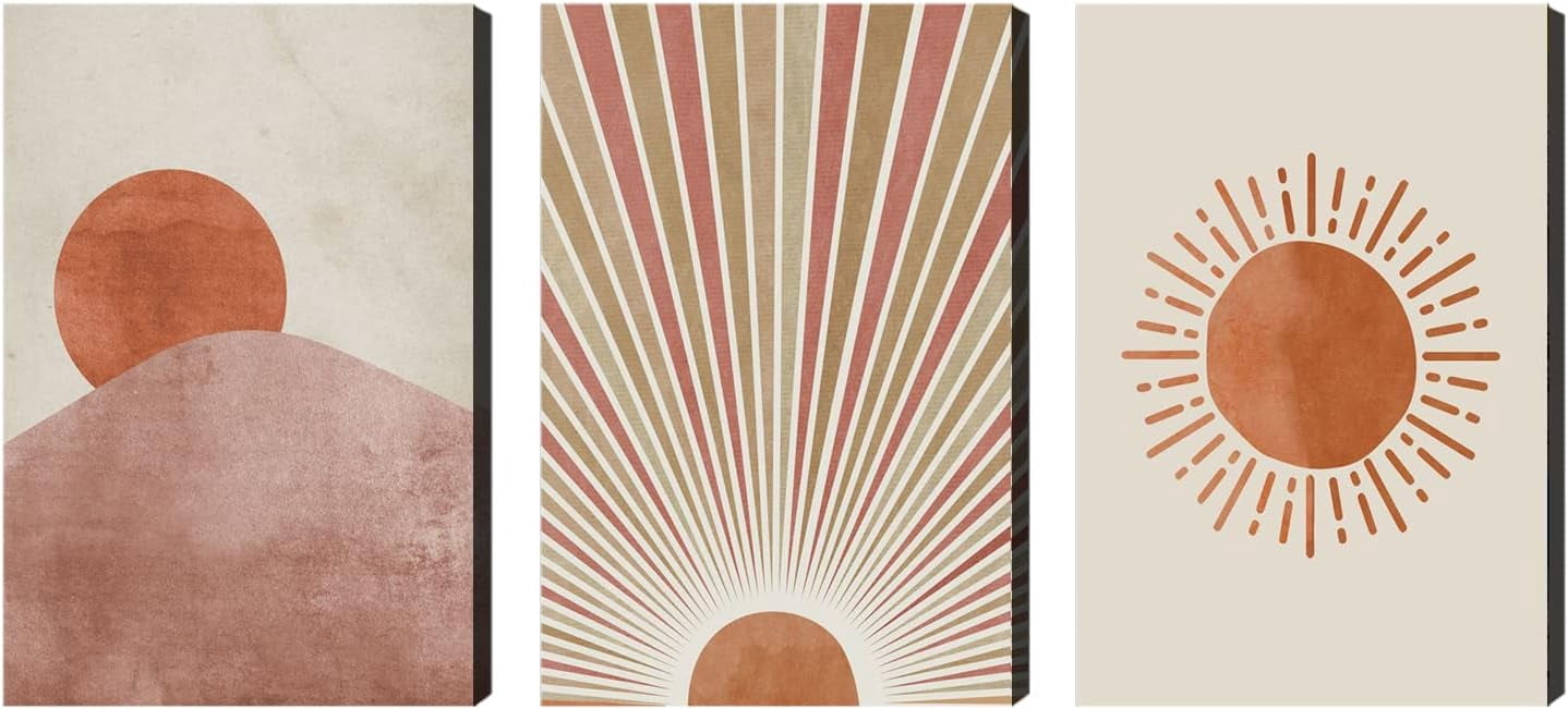 Looife Abstract Canvas Wall Art 24x36 Inch 3 Panels Boho Sun with Lines ...