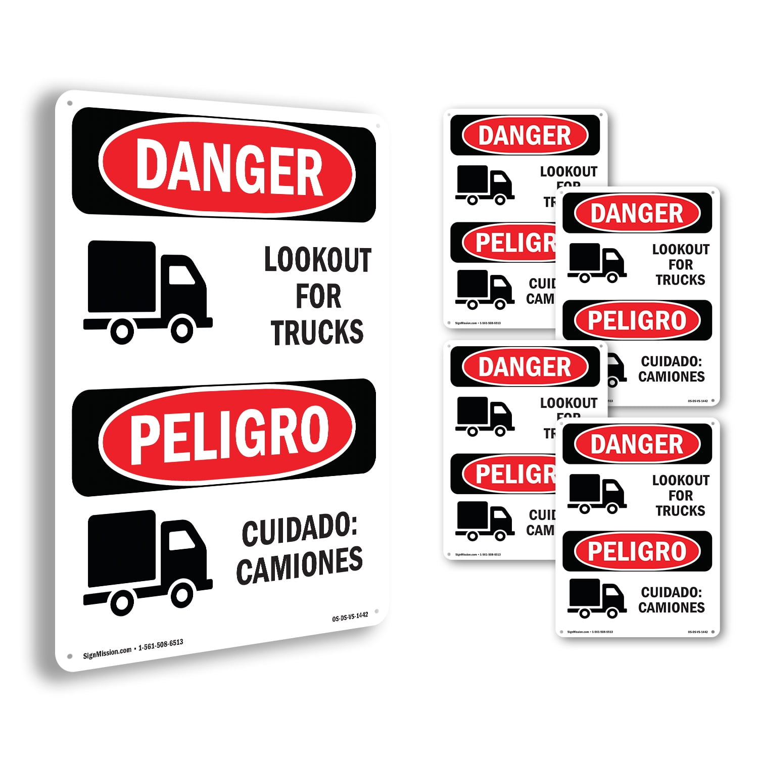 Look Out For Trucks Bilingual OSHA Danger Aluminum Sign 18 Inch x 12 ...