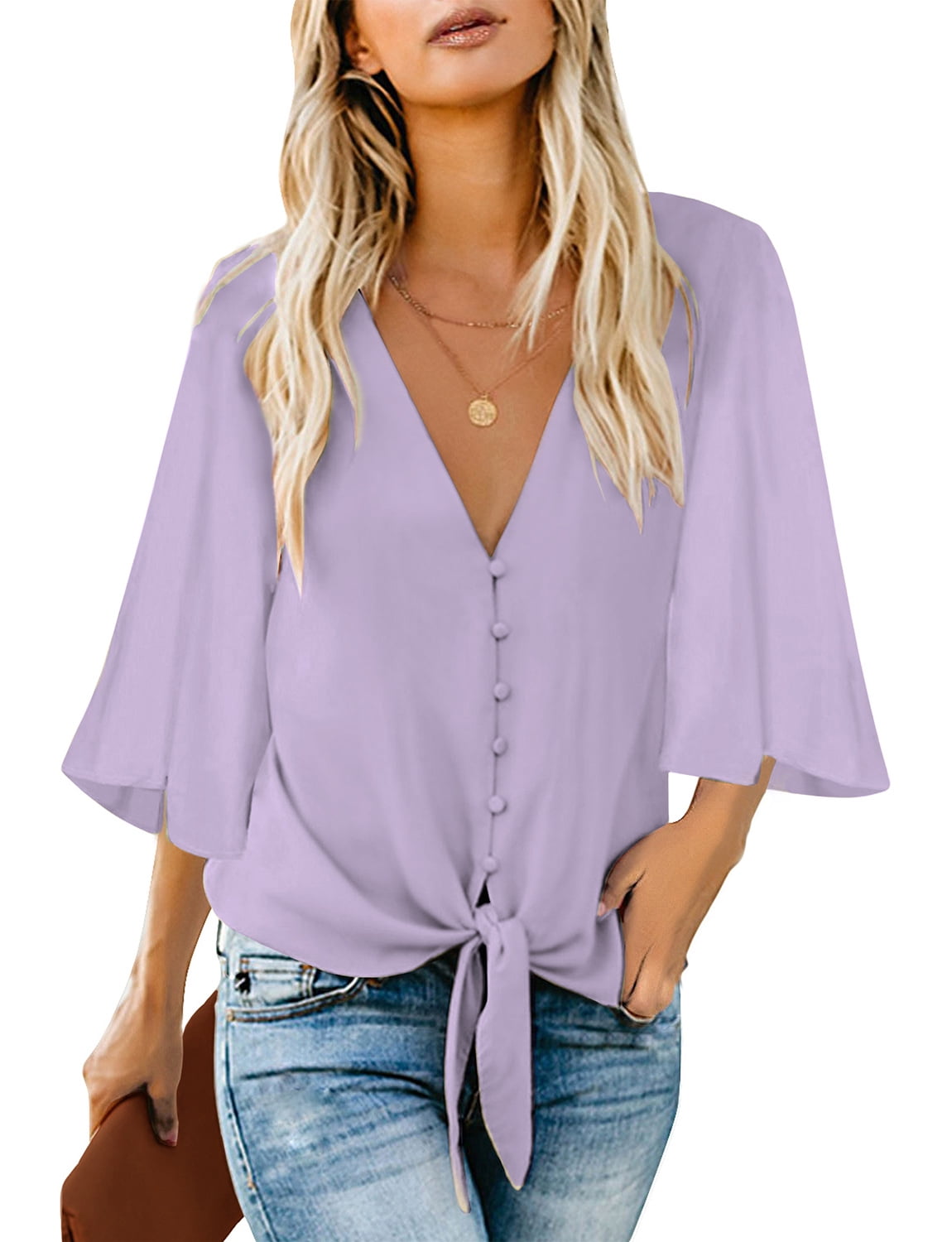 LookbookStore Women's Casual Deep V Neck 3/4 Ruffle Sleeve Button Down ...