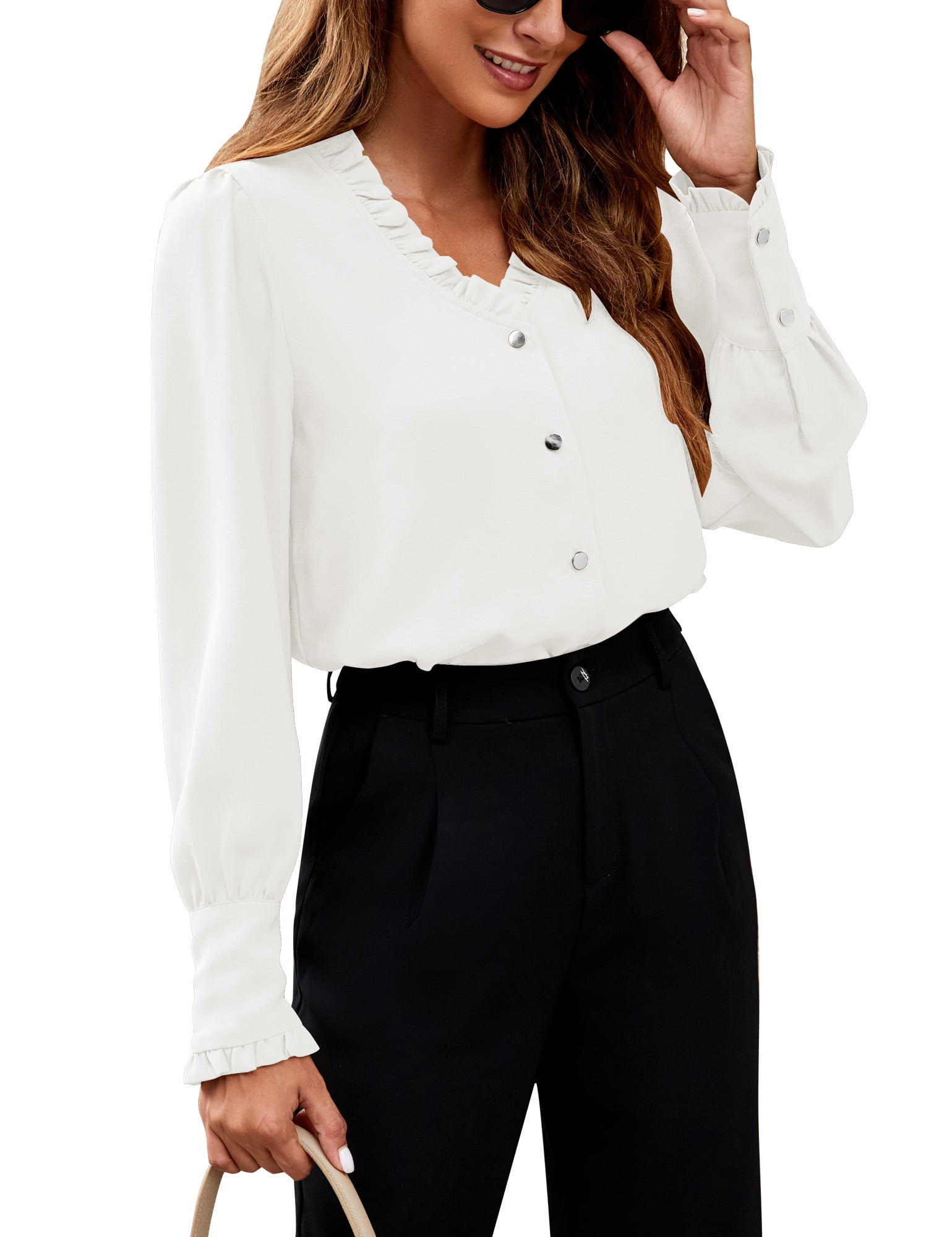 LookbookStore Women's Casual Dressy Tops Button Down Long Sleeve Business Blouses Size L Size 12 ...