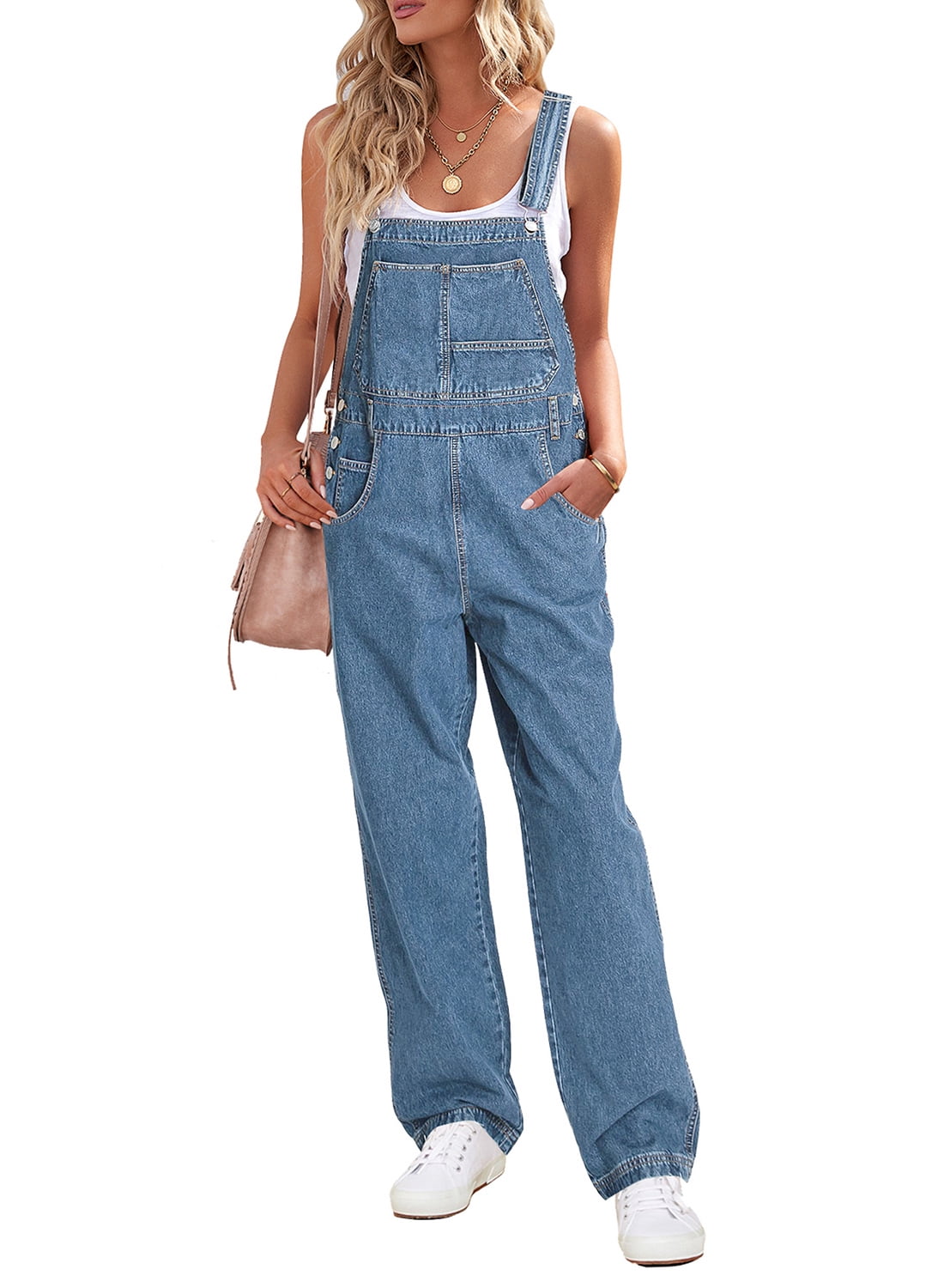 LookbookStore Women's High Waisted Denim Bib Overalls Loose Straight ...