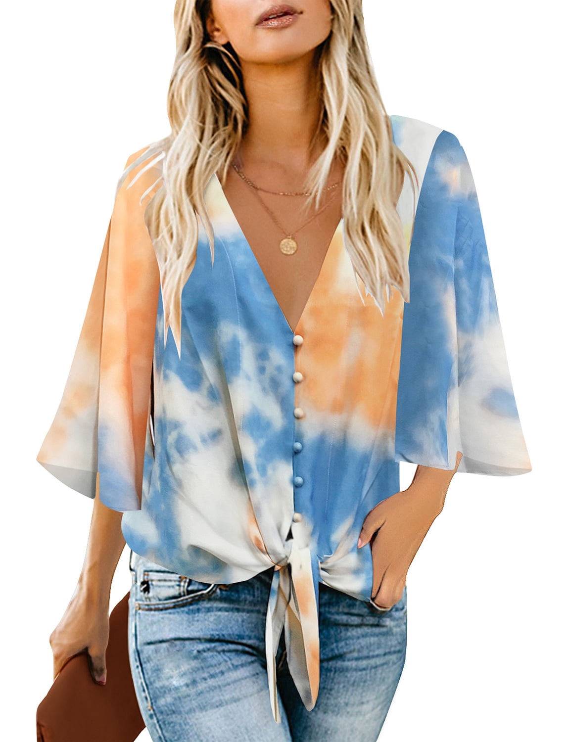 LookbookStore Women's Stylish Tie Dye V Neck Blouse Button Down Bell ...