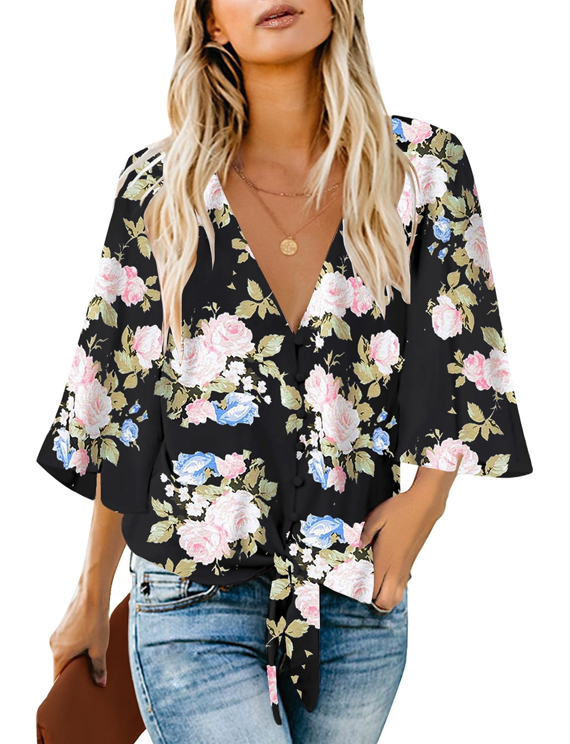 LookbookStore Women's Stylish Tie Dye V Neck Blouse Button Down Bell ...