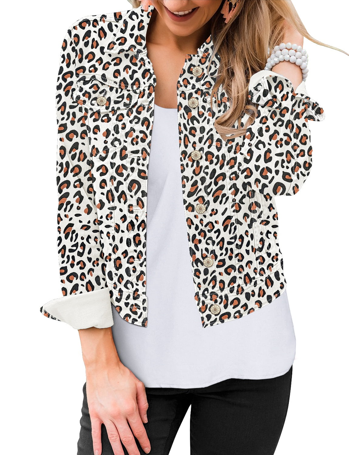 LookbookStore Women's Stylish White Leopard Jean Jackets Classic Long ...