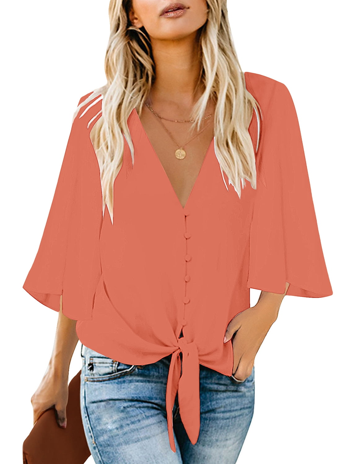 LookbookStore Women's V Neck Casual Cute Tops Summer Button Down Bell ...