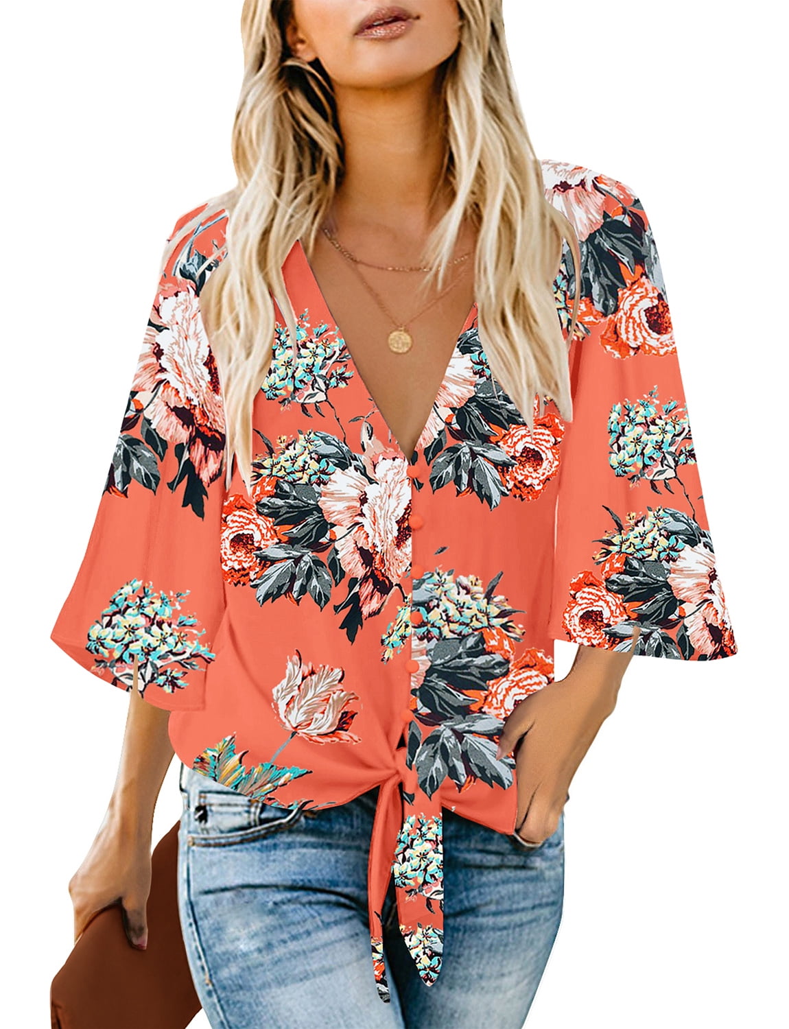 LookbookStore Women's V Neck Tops for Summer Button Down Tie Knot ...