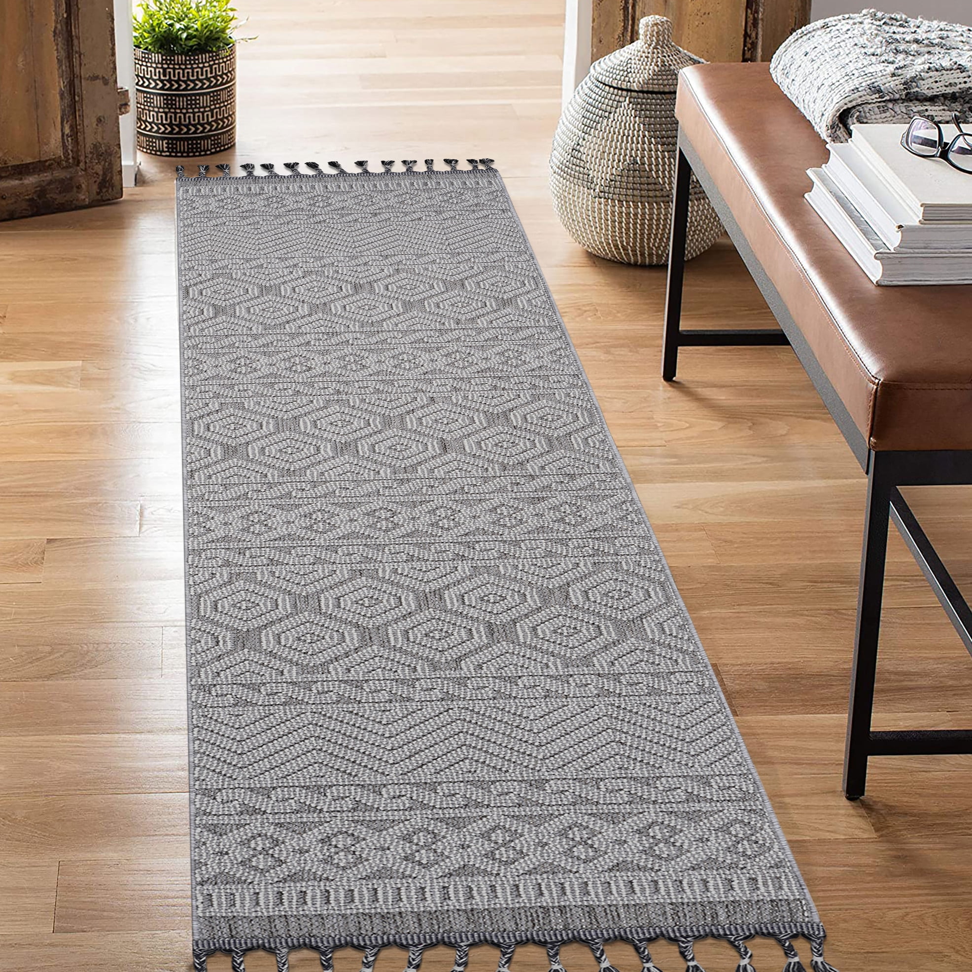 Loom & 2x8 Area Rug, Grey And White Geometric Design, Stain-, Non ...