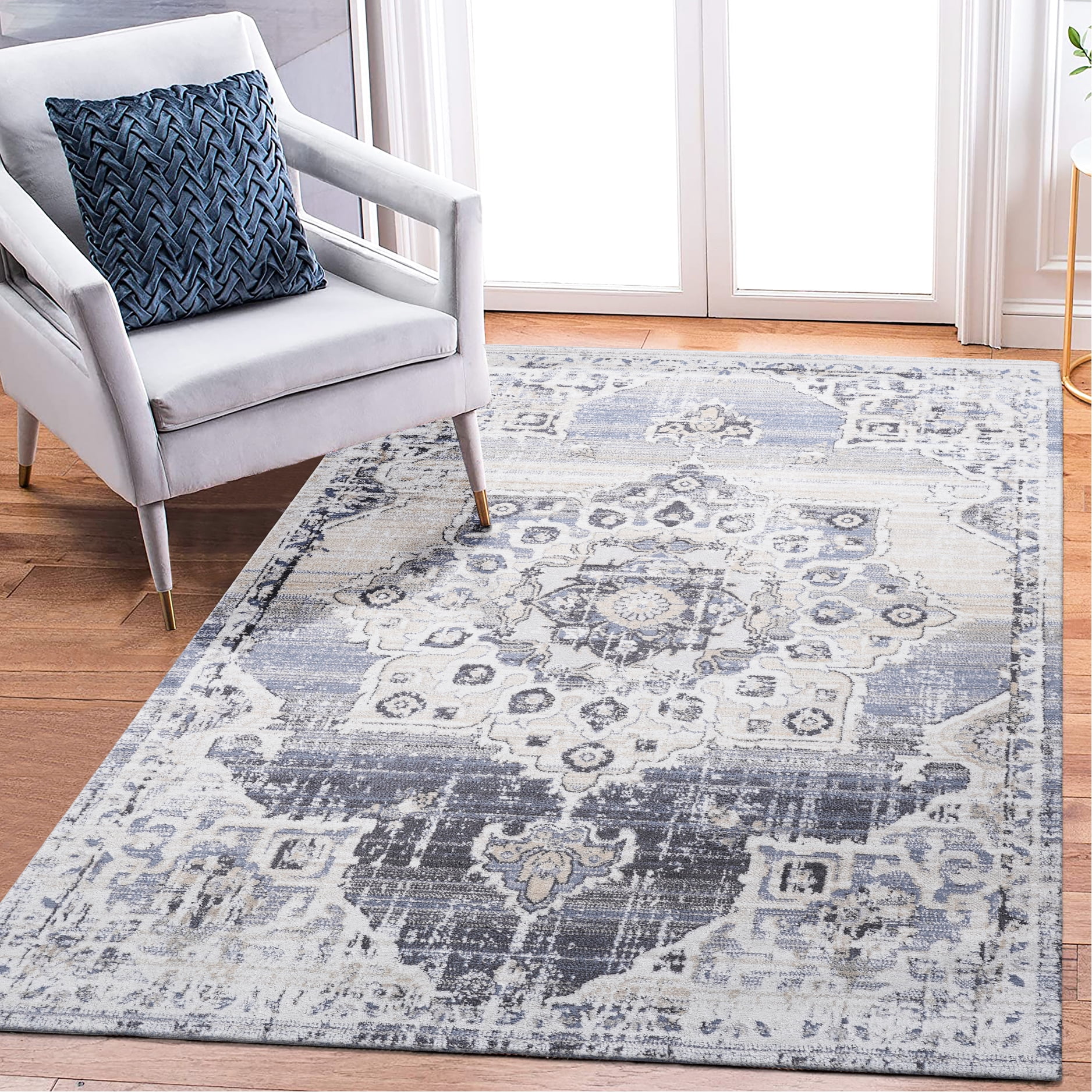 Loom & 8x10 Cream/blue Medallion Area Rug, Non-shedding, Stain-, Fits ...