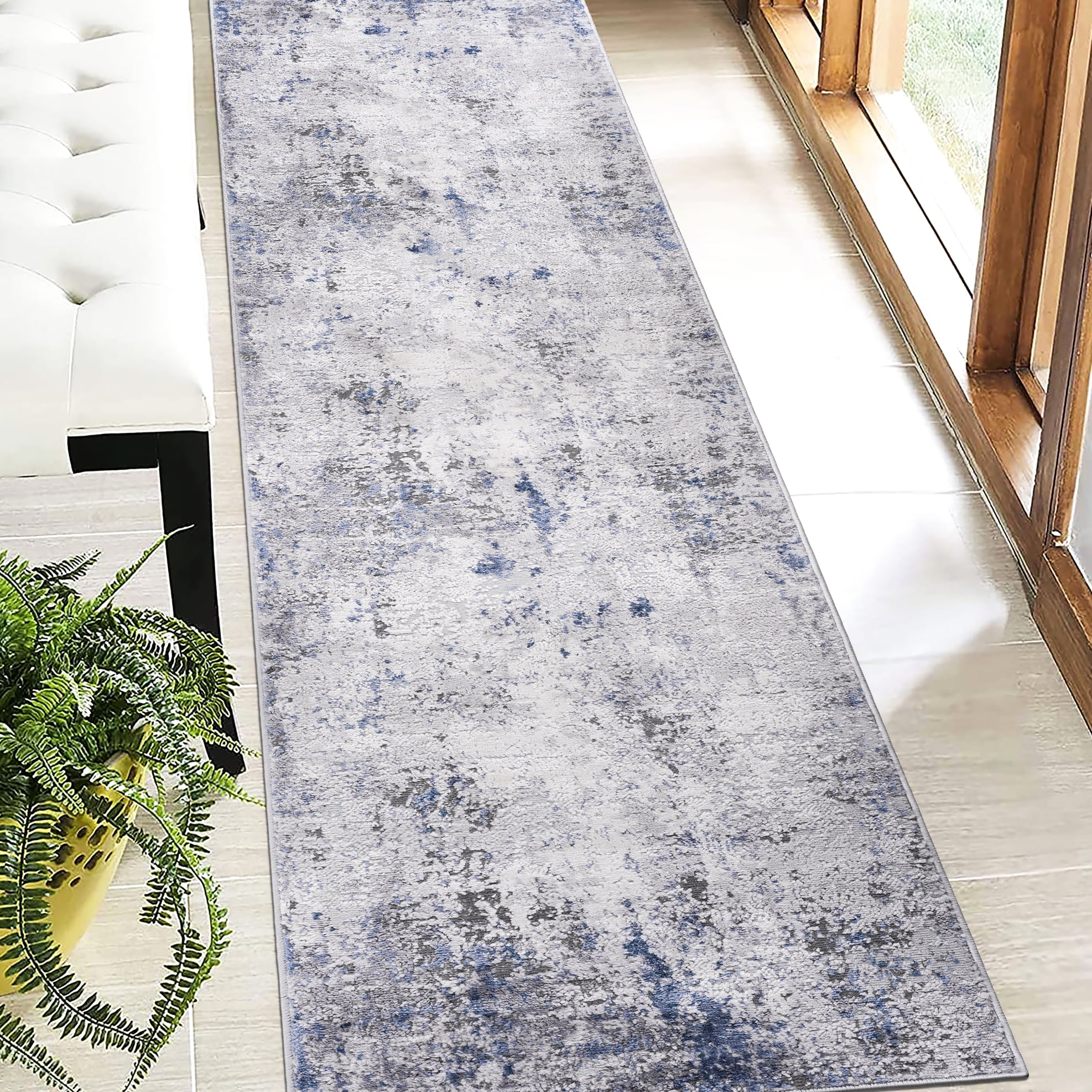 Loom & Area Rug 2x8, Silver/blue/abstract Color Scheme, Non-shedding ...