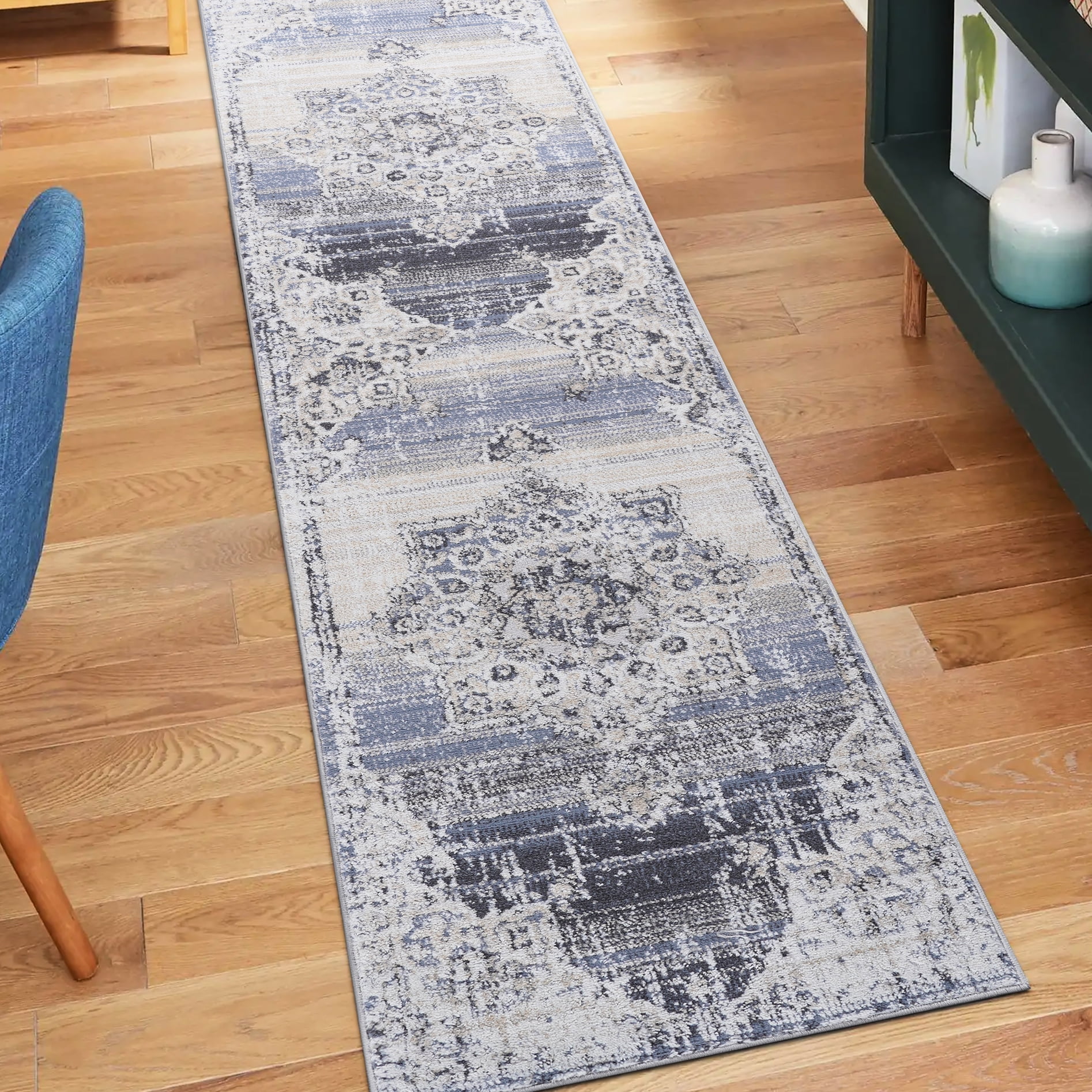 Loom & Collection Area Rug 2x8, Cream/blue Medallion, Non-shedding ...