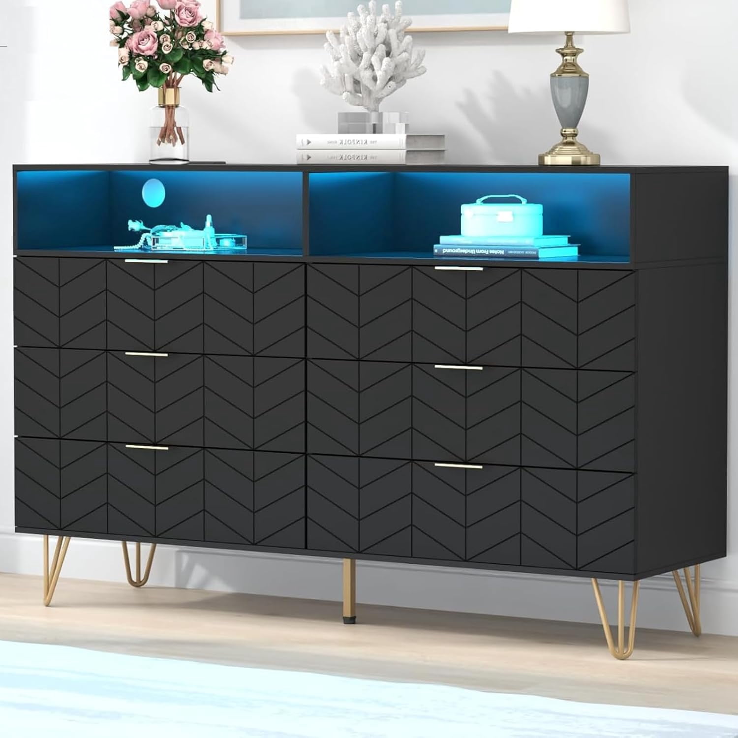 Loomie 6 Drawers Double Dresser with Power Outlet & LED Light,White ...