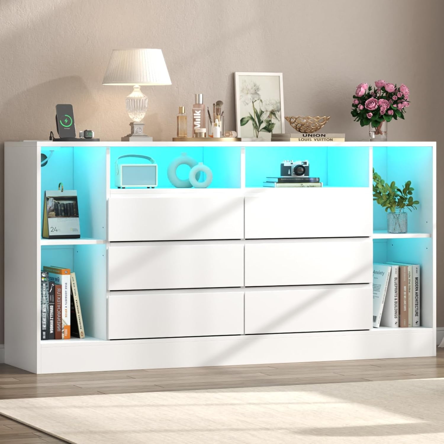 Loomie 6 Drawers Dresser with 6 Open Storage Cubbies, LED Dressers ...