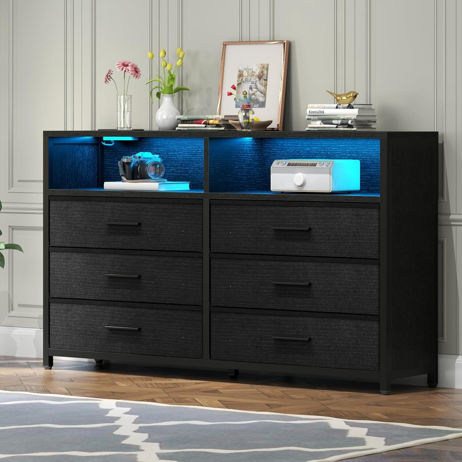 Loomie 6 Drawers Dresser with Power Outlets and LED Lights, Black ...