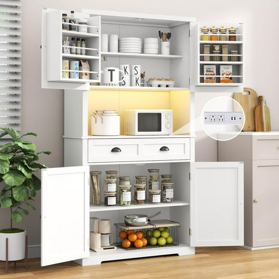 Loomie 72" Farmhouse Kitchen Pantry Cabinet With LED, Operation Table ...