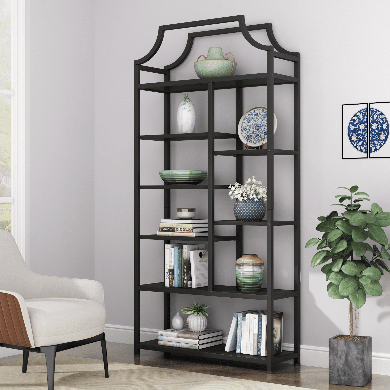 Loomie 8-Tier Gold Etagere Bookshelf, 70.87" H x 31.5" L, Modern Open Bookcase with White ...