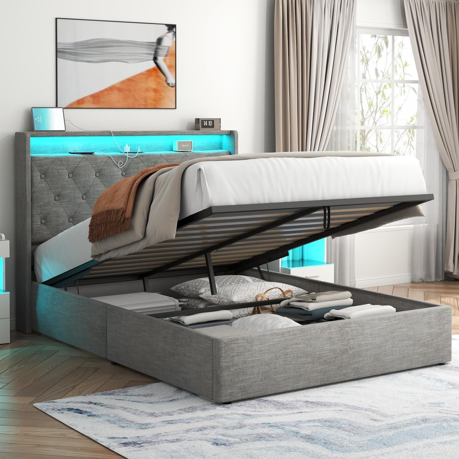 Loomie Full Lift Up Bed Frame with Charging Station & LED Lights ...