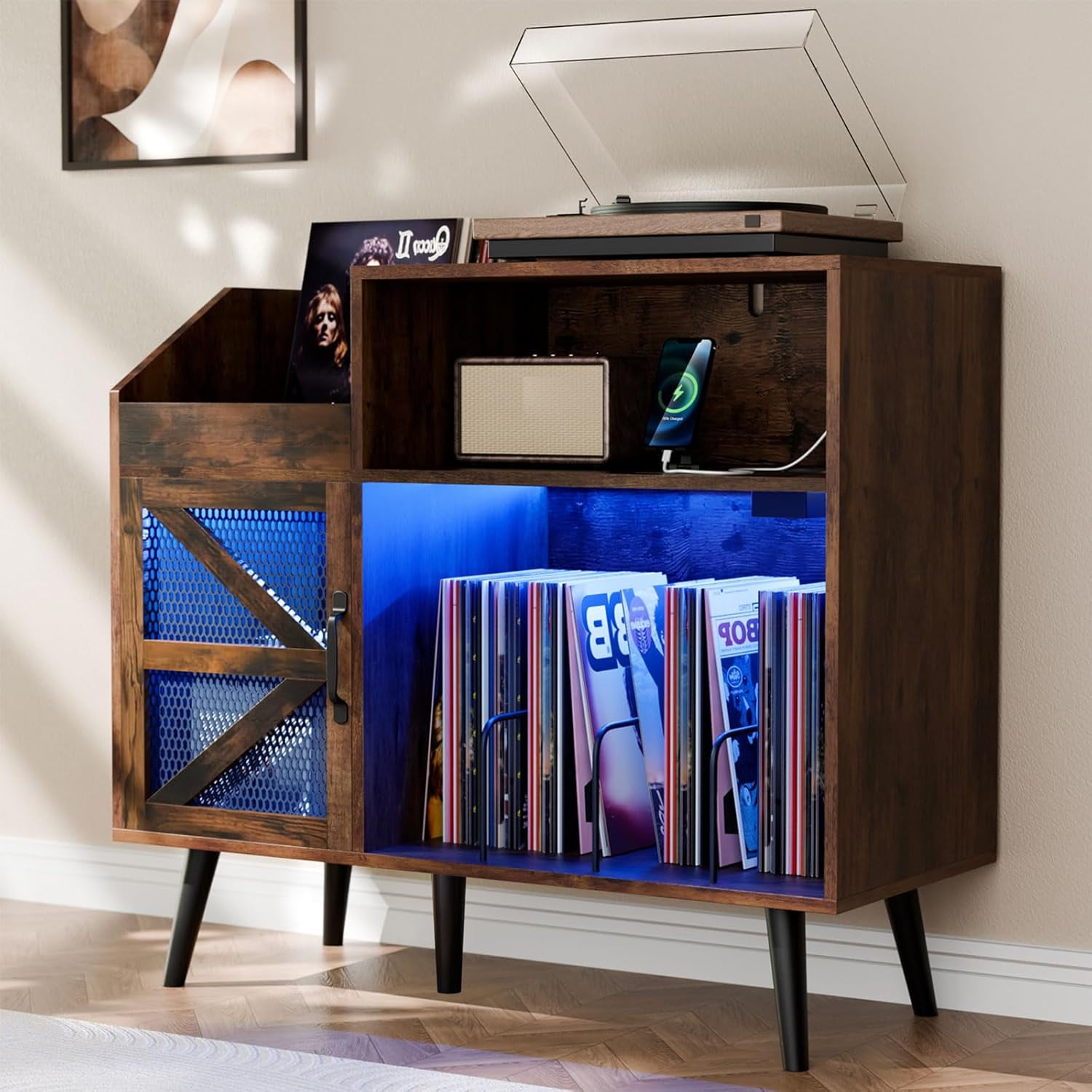 Loomie Large Rustic Record Player Stand with Power Outlet & LED Light ...