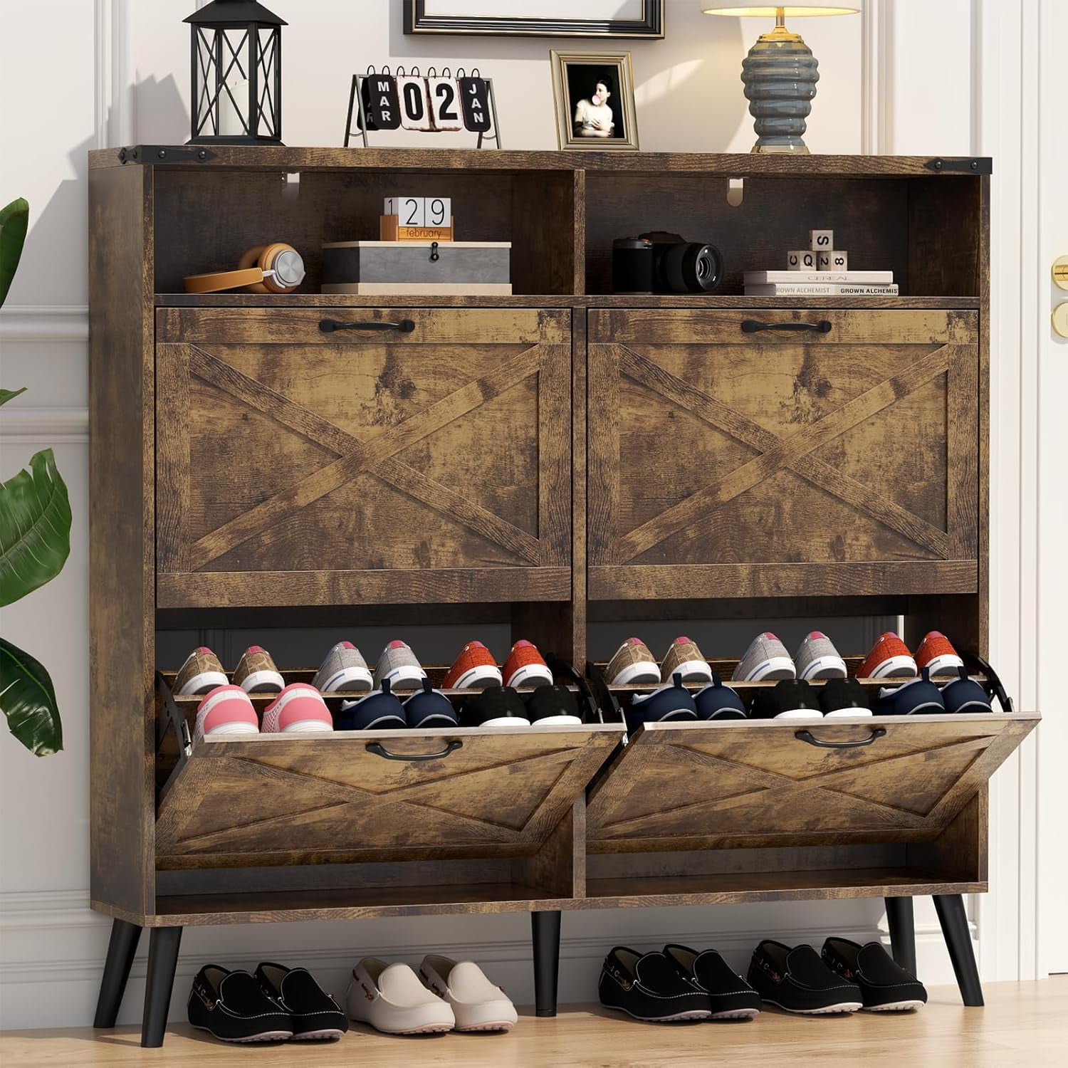 Loomie Shoe Cabinet with 4 Flip Drawers, Farmhouse Shoe Storage Cabinet ...