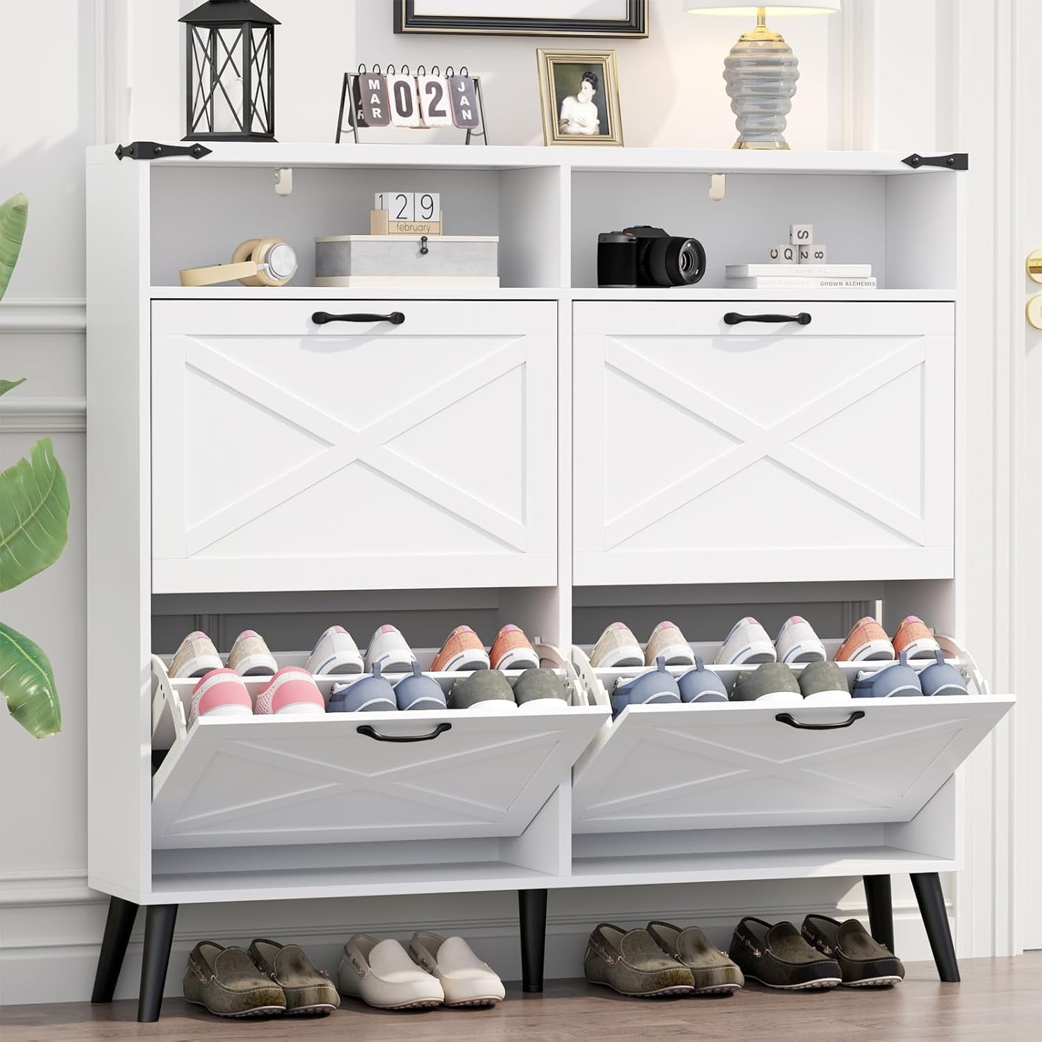Loomie Shoe Cabinet with 4 Flip Drawers, Farmhouse Shoe Storage Cabinet with 2 Open Cubbies ...
