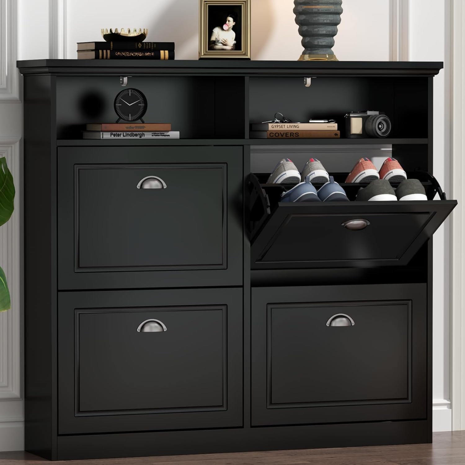 Loomie Shoe Cabinet with 4 Flip Drawers, Freestanding Shoe Storage Cabinet with Open Shelves ...
