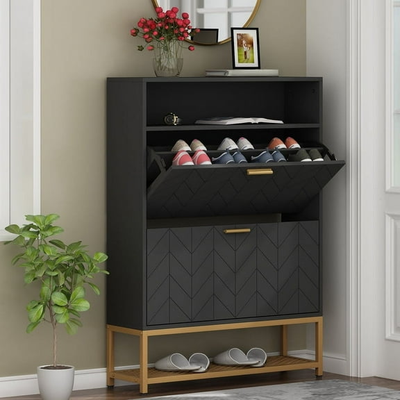 Free Standing Shoe Cabinet Tipping Bucket Rack with 2 Flip & 2 Drawers ...