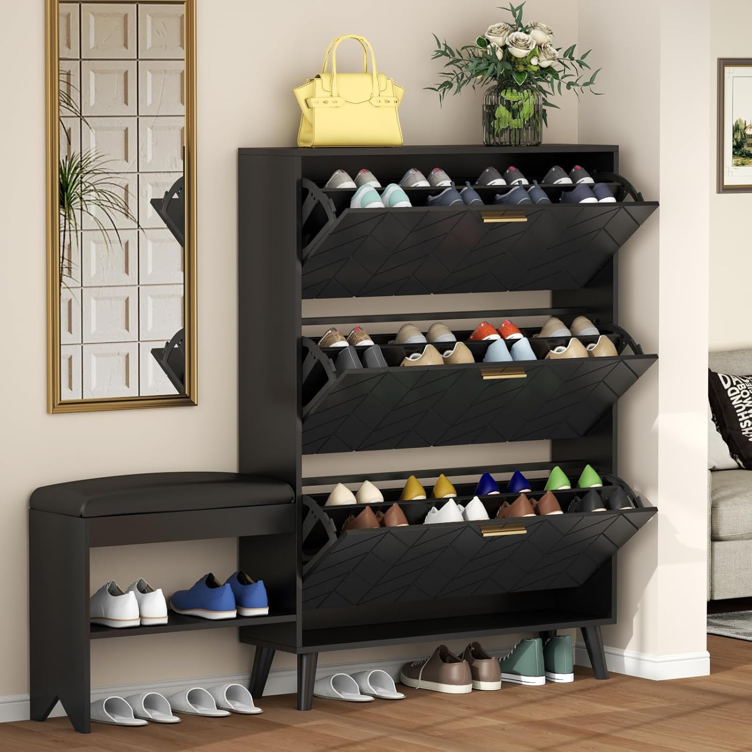Loomie Shoe Cabinet w/3 Flip Drawers, Shoe Storage Cabinet w/Bench for Entryway, Freestanding ...