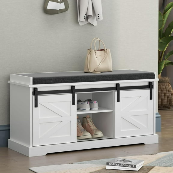 Libra Shoe Storage Bench, 2-Tier Farmhouse Entryway Bench with Sliding ...