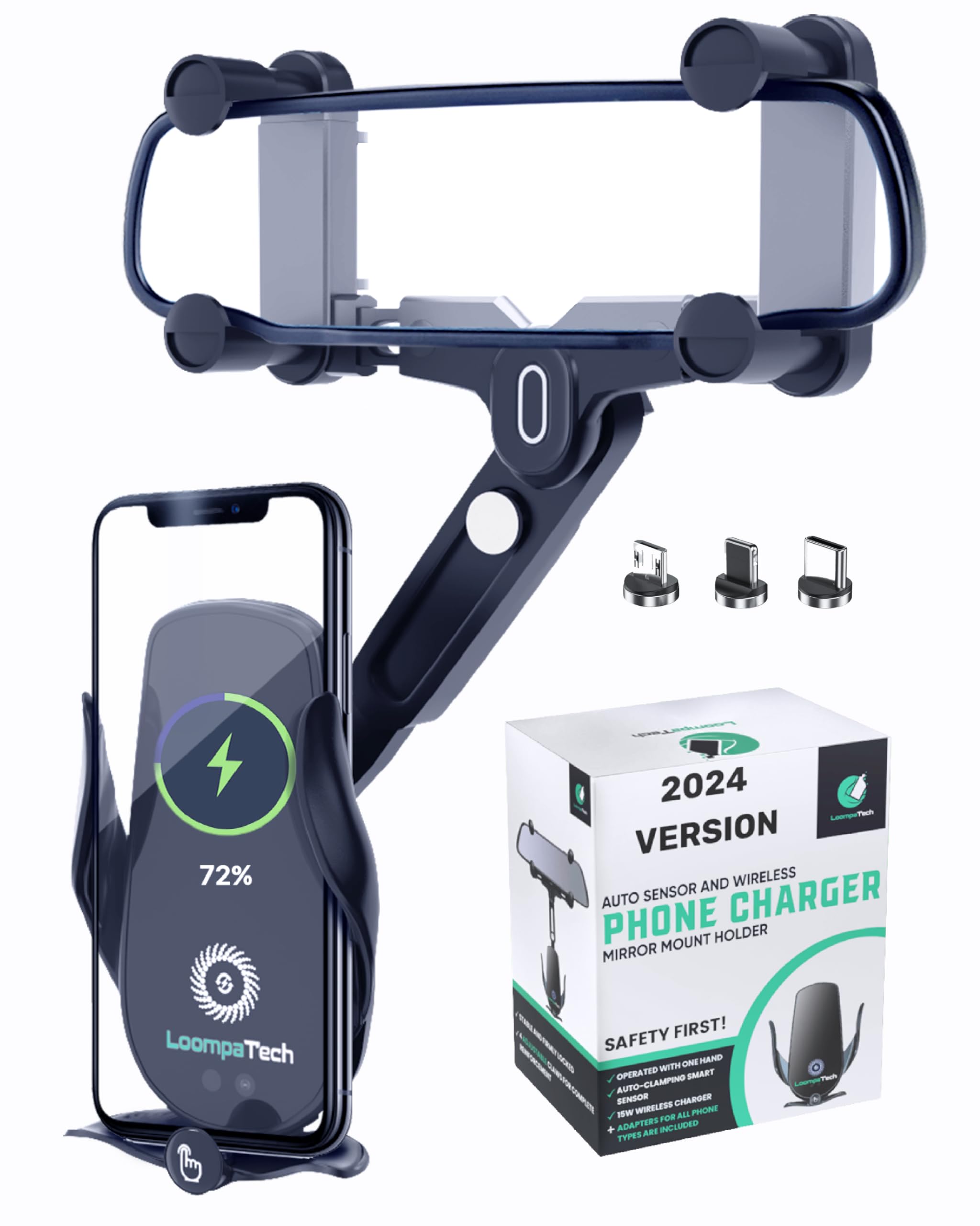 LoompaTech 2in1 Rear View Mirror Phone Holder + Wireless Car Charger ...