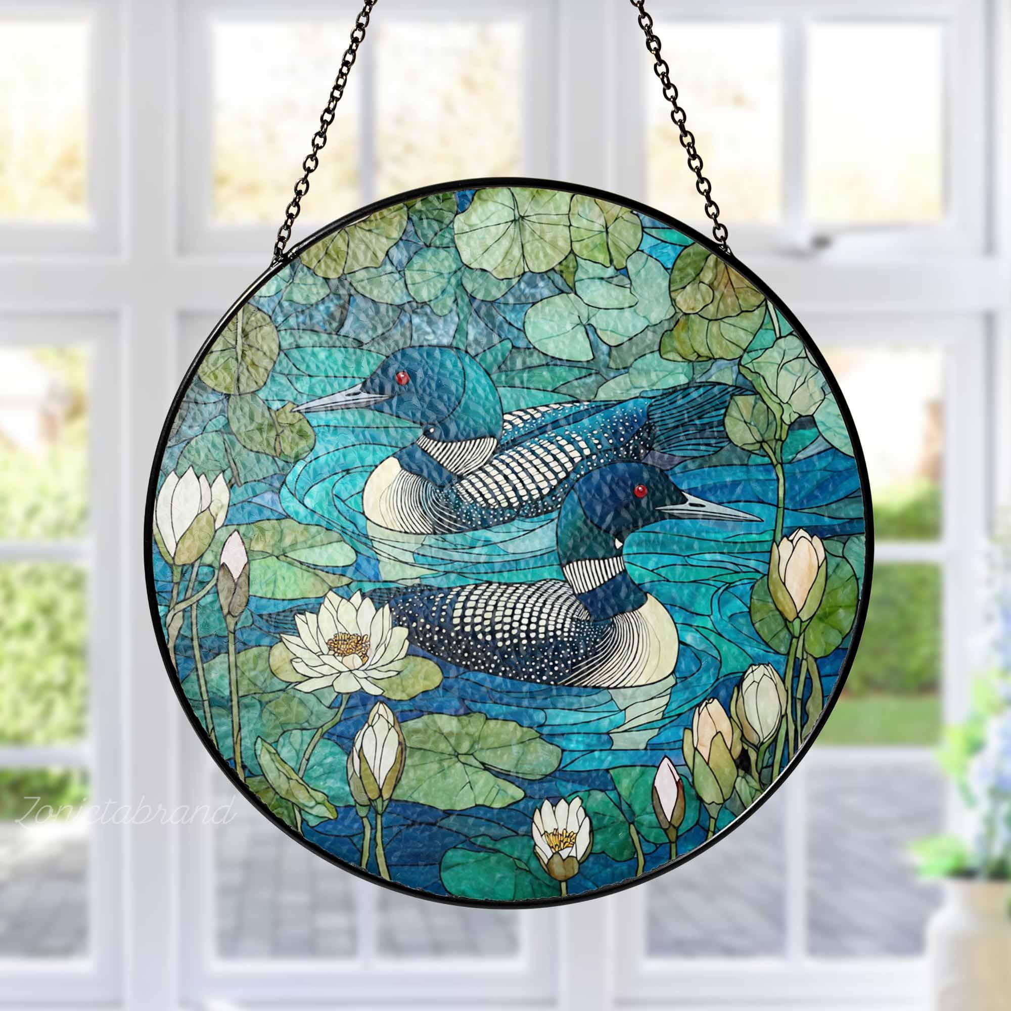 Loon Bird Couple Stained Glass Suncatcher, Lake Cabin Window Hanging ...