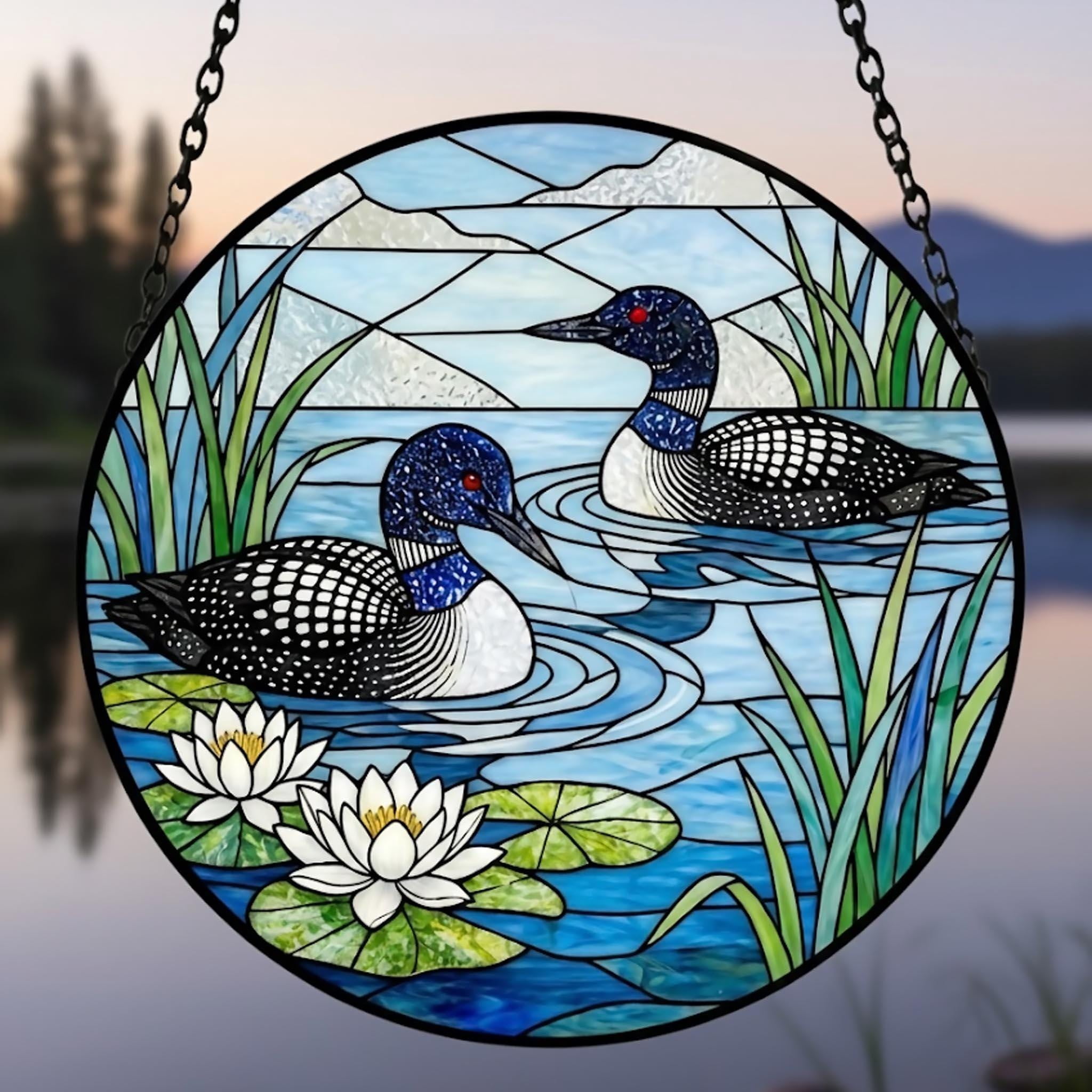 Loon Bird Couple Stained Glass Suncatcher, Nature Lodge Window Hanging ...
